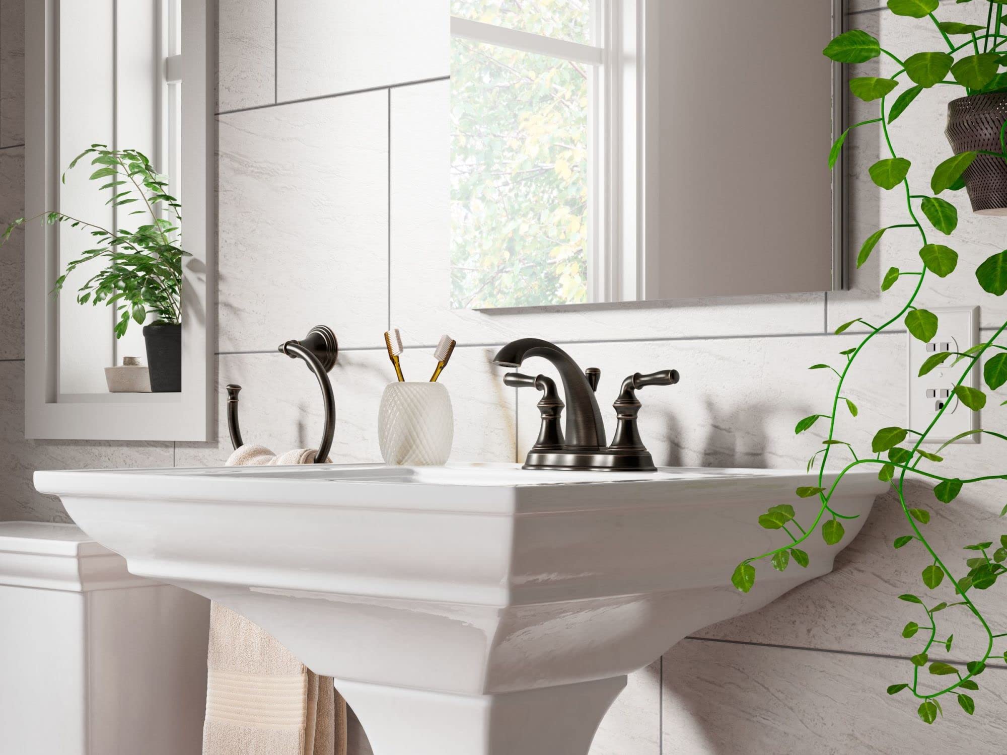 KOHLER 393-N4-BN Devonshire Centerset Bathroom Faucet with Pop-Up Drain Assembly, 2-Handle Bathroom Sink Fuacet, 1.2 GPM, Vibrant Brushed Nickel