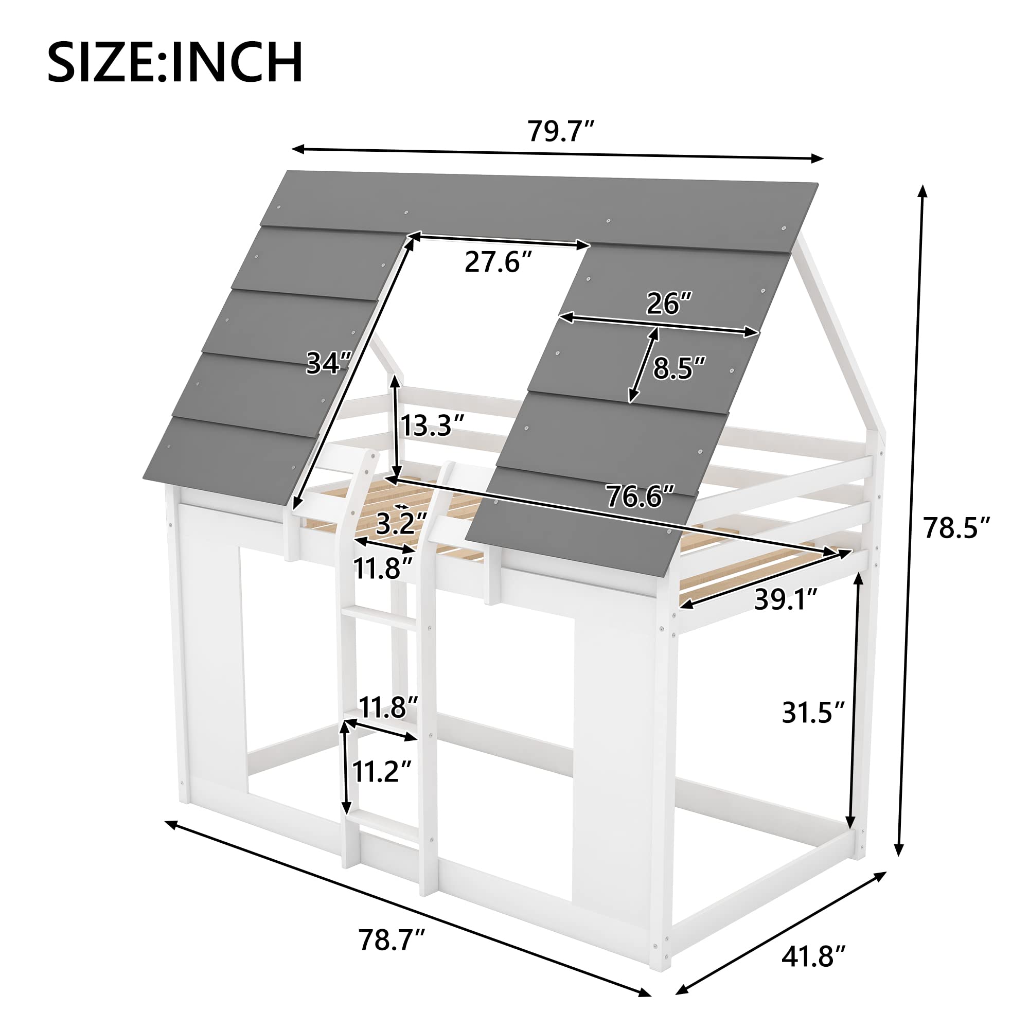 LZ LEISURE ZONE Twin Loft Bed, Low Loft Bed Twin Size, Wood Twin House Bunk Bed with Roof and Built-in Ladder, No Box Spring Needed, White+Gray