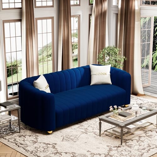 yunqishi KEAI 83.46" Velvet Couch for Living Room Large Modern Sofa with Gold Metal Sphere Legs Office Upholstered Comfy 3 Seater Couches Cute Sherpa Bedroom Furniture (Blue)
