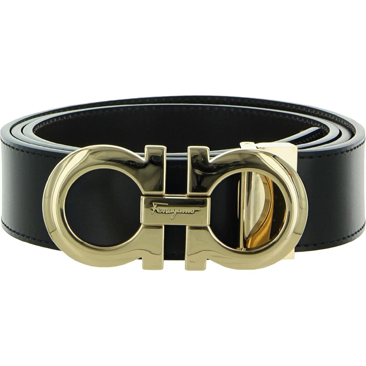 Salvatore Ferragamo Men's Black Leather Gold Gancini Buckle Belt (115)