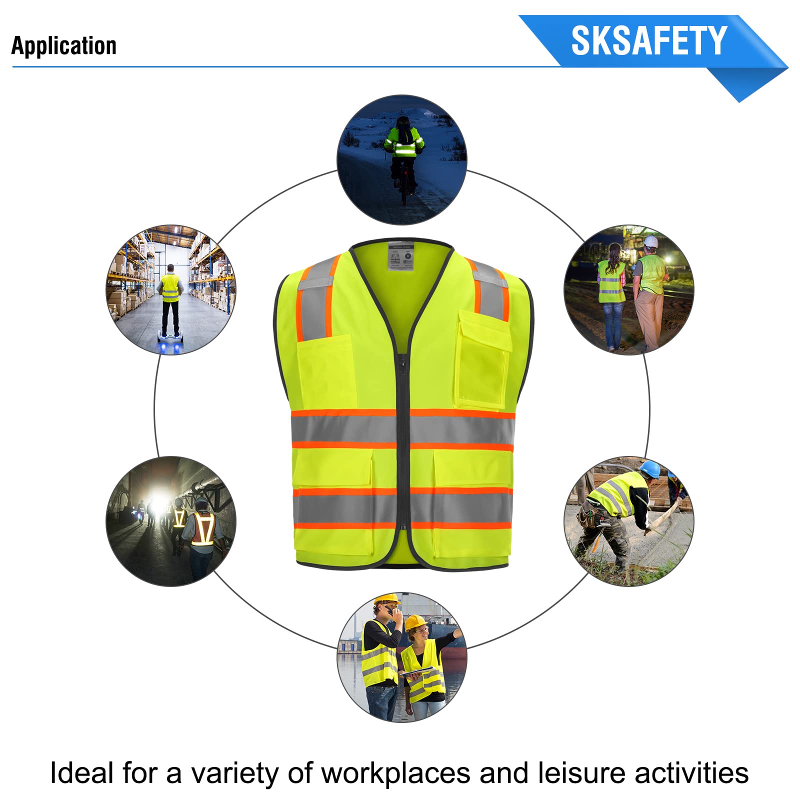 SKSAFETY 9 Pockets Safety Vest, Class 2 Classic models High Visibility Security with Zipper, Hi Vis Vest with Reflective Strips, ANSI/ISEA Standard, Construction Work Vest for Men & Women (Lime, XL)