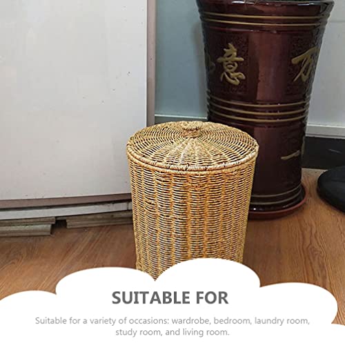 Zerodeko Small Trash Can, Imitation Rattan Woven Waste Bin with Lid, Waste Basket for Bedroom, Office, Kitchen, Boho Round Garbage Can Plastic Sundries Holder Laundry Basket for Bathroom