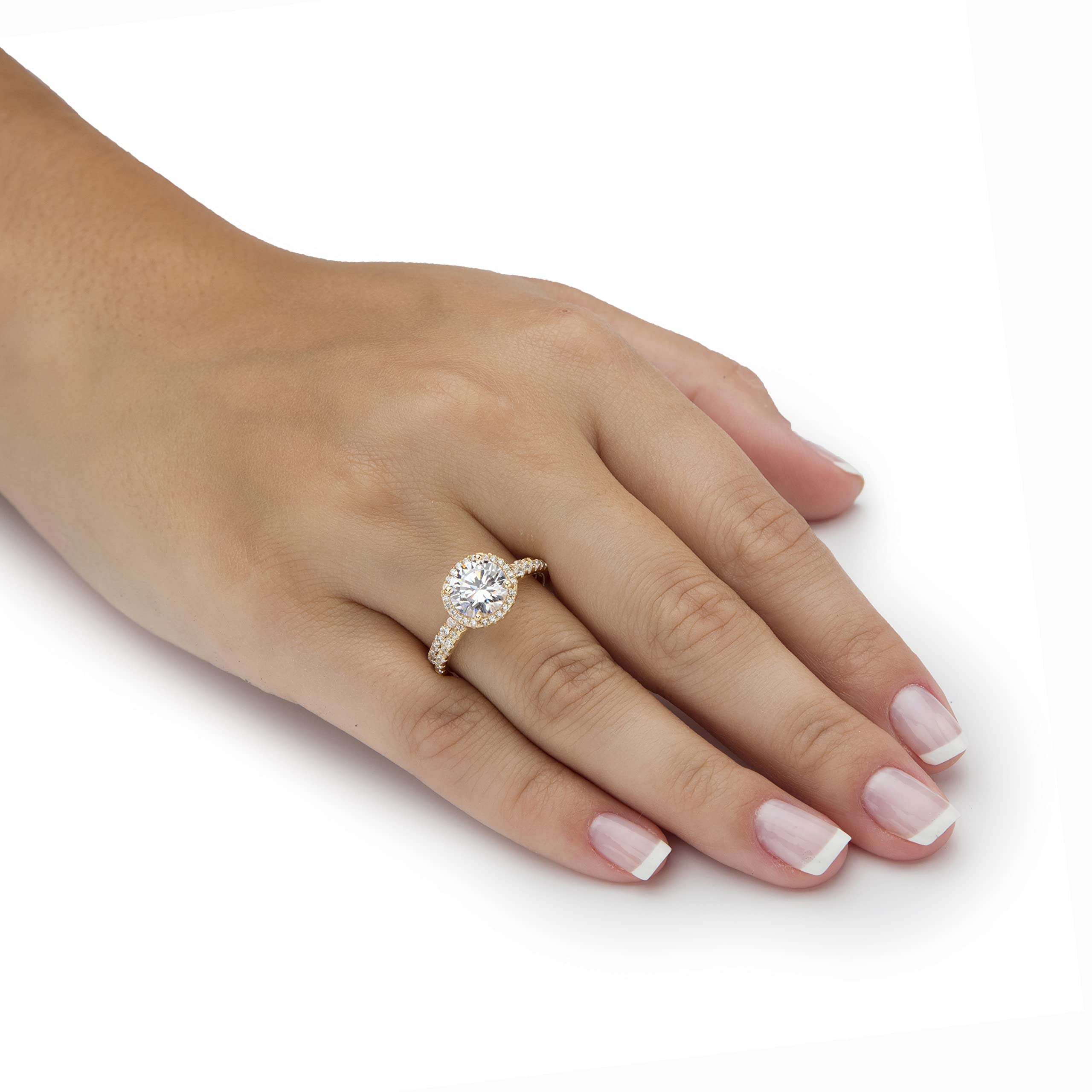 Platinum-Plated or Yellow Gold-Plated Sterling Silver Round Cubic Zirconia Halo Bridal Ring Set Size 7