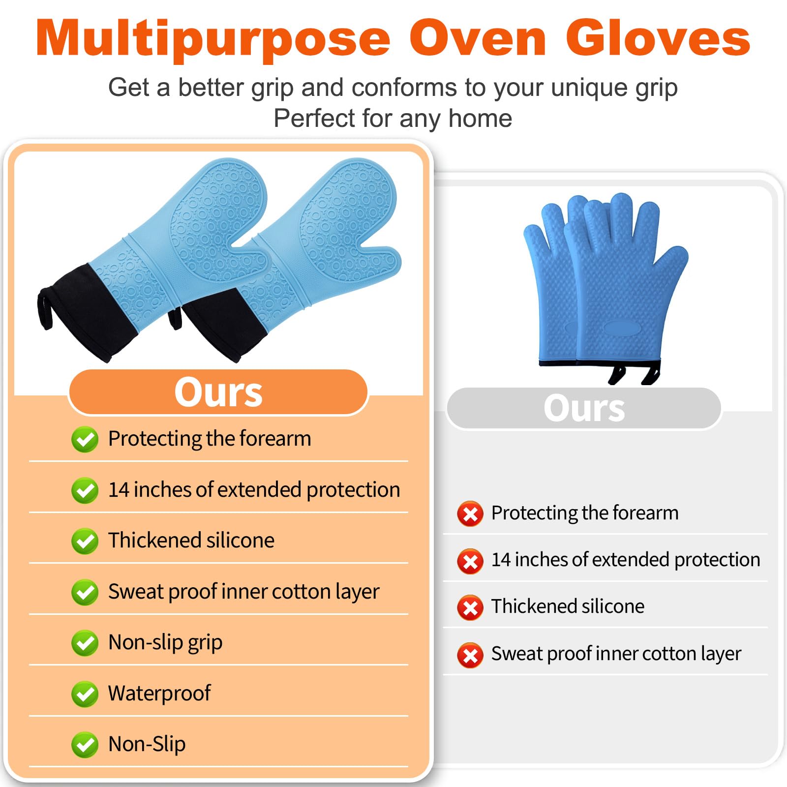 Obsoorth Heat Resistant Silicone Oven Mitts Waterproof Flexible Handle Hot Food Washable Blue Extra Long Anti-Slip Kitchen Glove for Baking Cooking BBQ, 1Pair