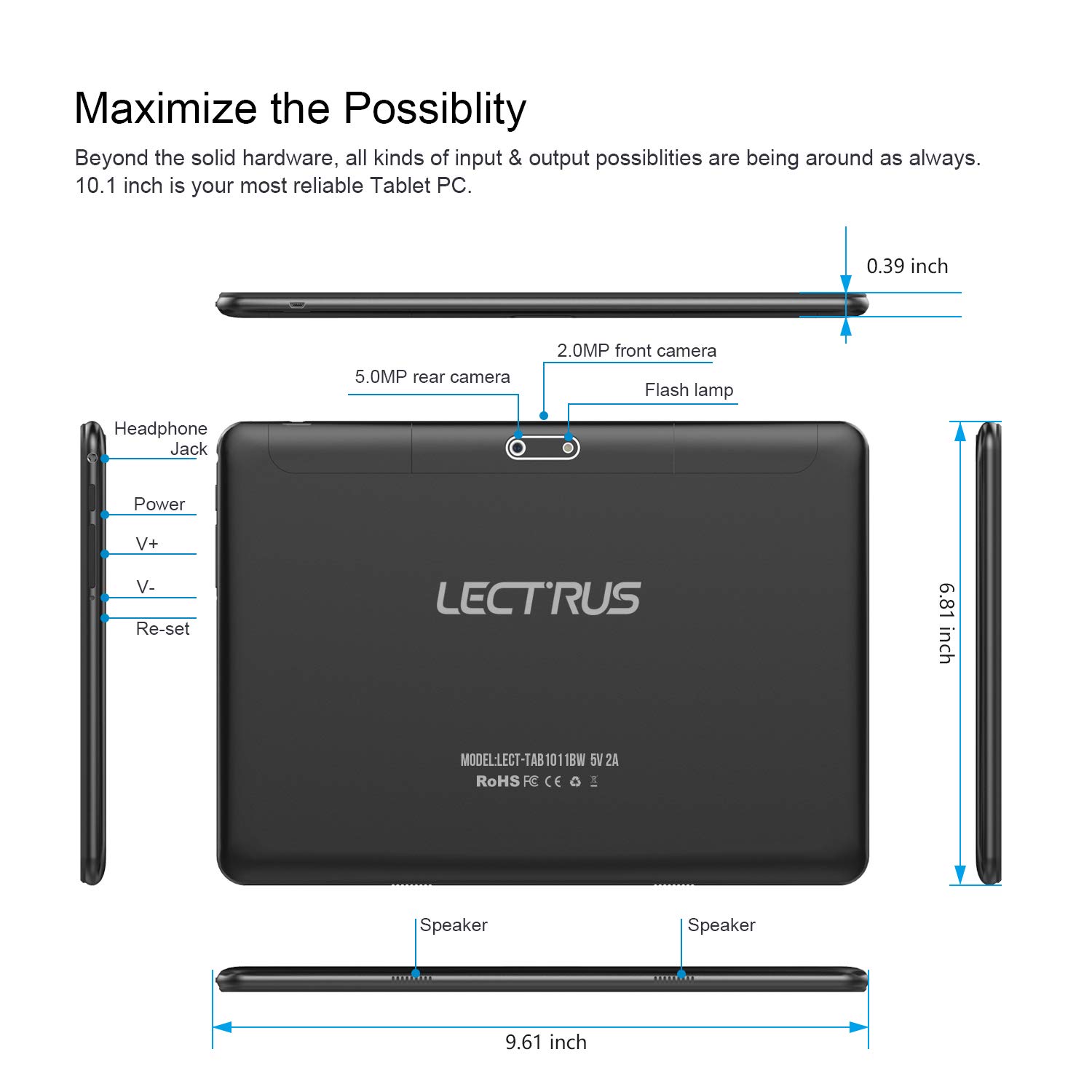 LECTRUS Tablet 10 inch Android, 10.1" 5G WiFi Tablets PC, Quad Core, 16GB Storage, Dual Cameras & Speakers, 1280x800 IPS Full HD Display, 6000mAh Battery, Bluetooth, GPS, FM, Netflix, Black