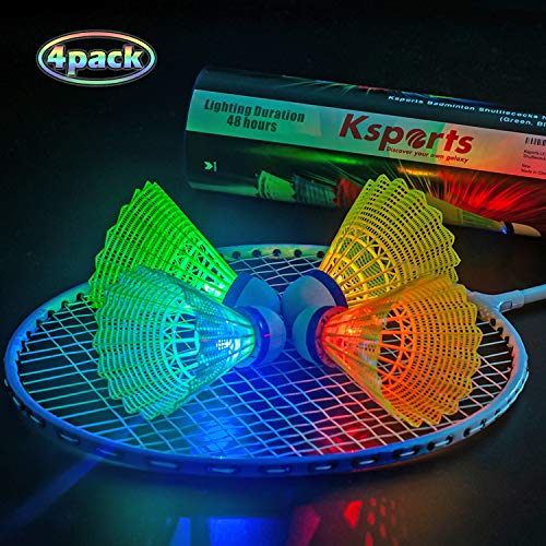 Ksports LED Badminton Shuttlecocks 4 Pack Tube − Glow in The Dark Lighting Birdies Shuttlecocks − with 4 Different LED Colors − Red Green Blue Yellow
