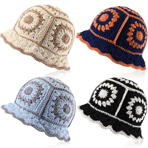 Silicherry 4 Pcs Crochet Bucket Hat Women Knitted Beanies Cap Boho Cute Knit Hat Handmade Fishing Hat Floral Basin Cap Beach Hat for Vacation Traveling