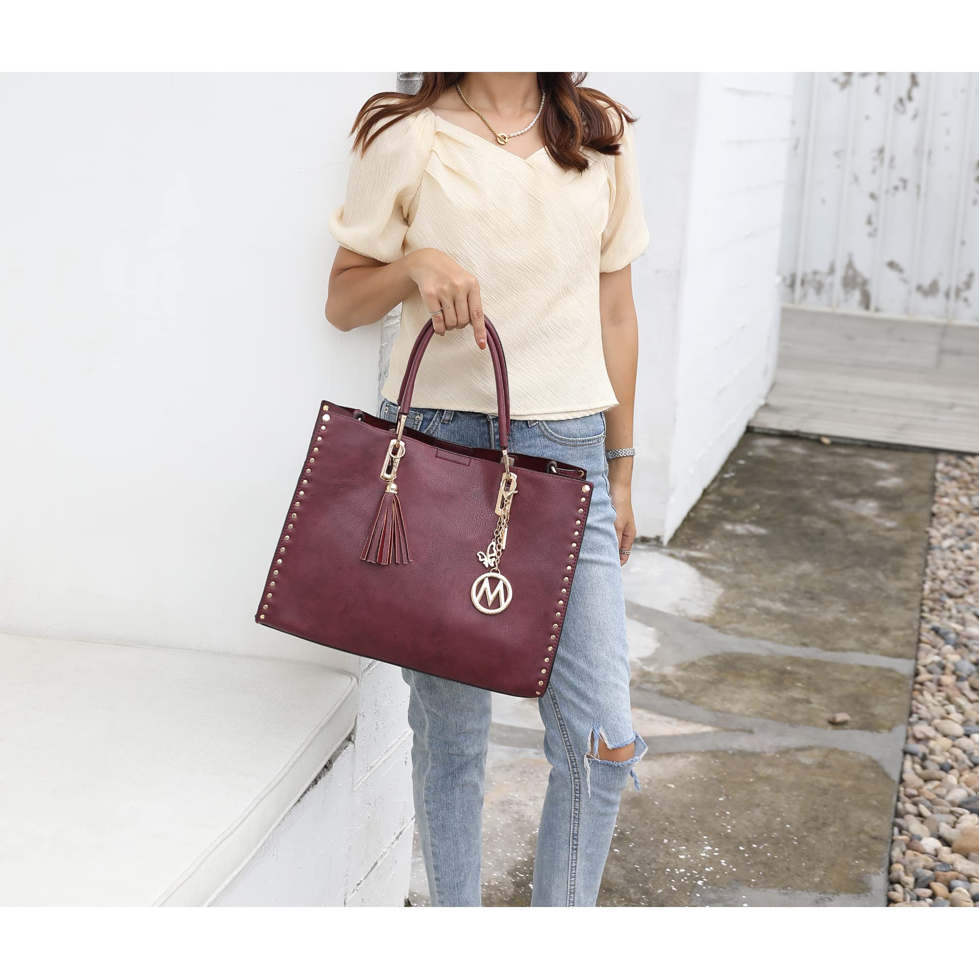 MKF Tote Bag for Women Vegan Leather Designer Handbag Shoulder Strap Lady Fashion Messenger Purse Cognac