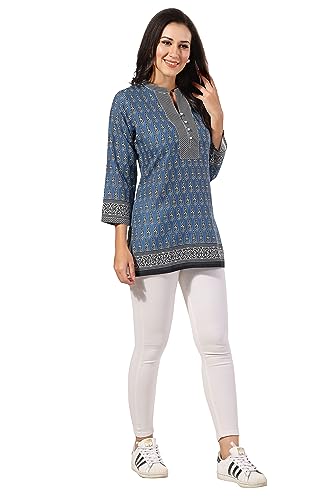 Keshubaba Indian Kurtis for Women - Cotton Indian Style Short Kurta Kameez - Printed Tunics Tops for Jeans & Leggings (Blue/X-Large)