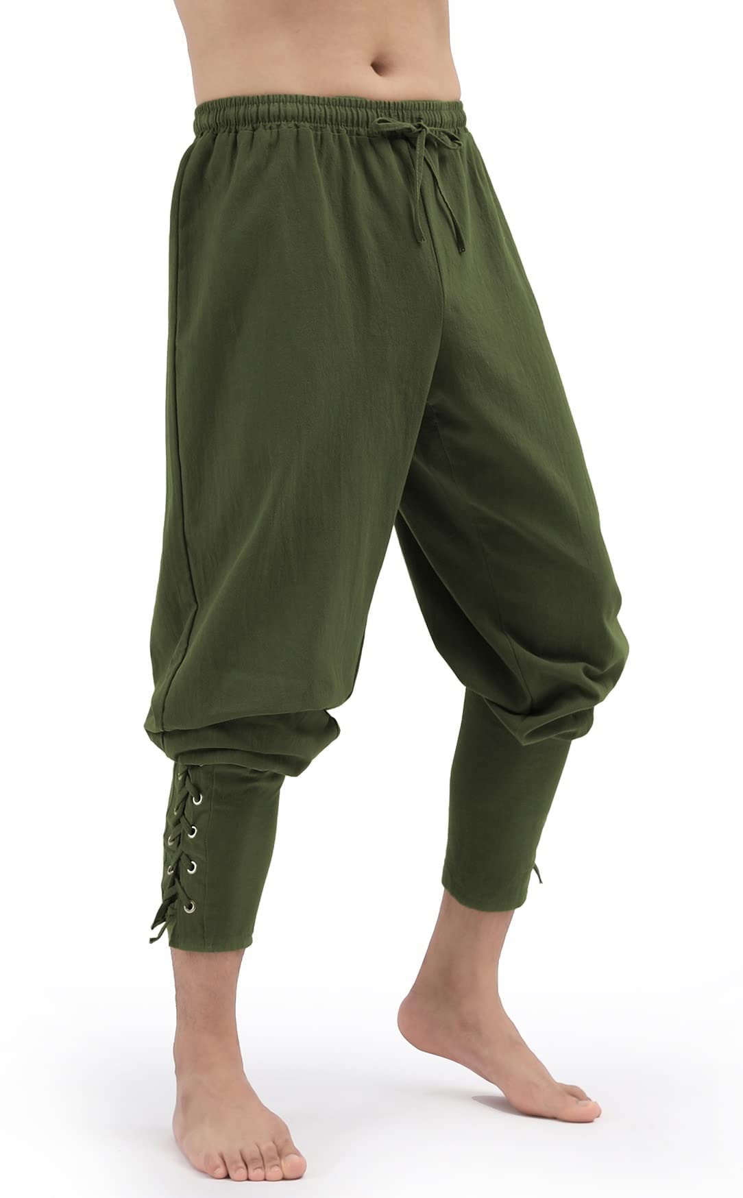 Men's Cotton Linen Renaissance Ankle Banded Pants Retro Medieval Viking Navigator Pirate Trousers (X-Large, Army Green)