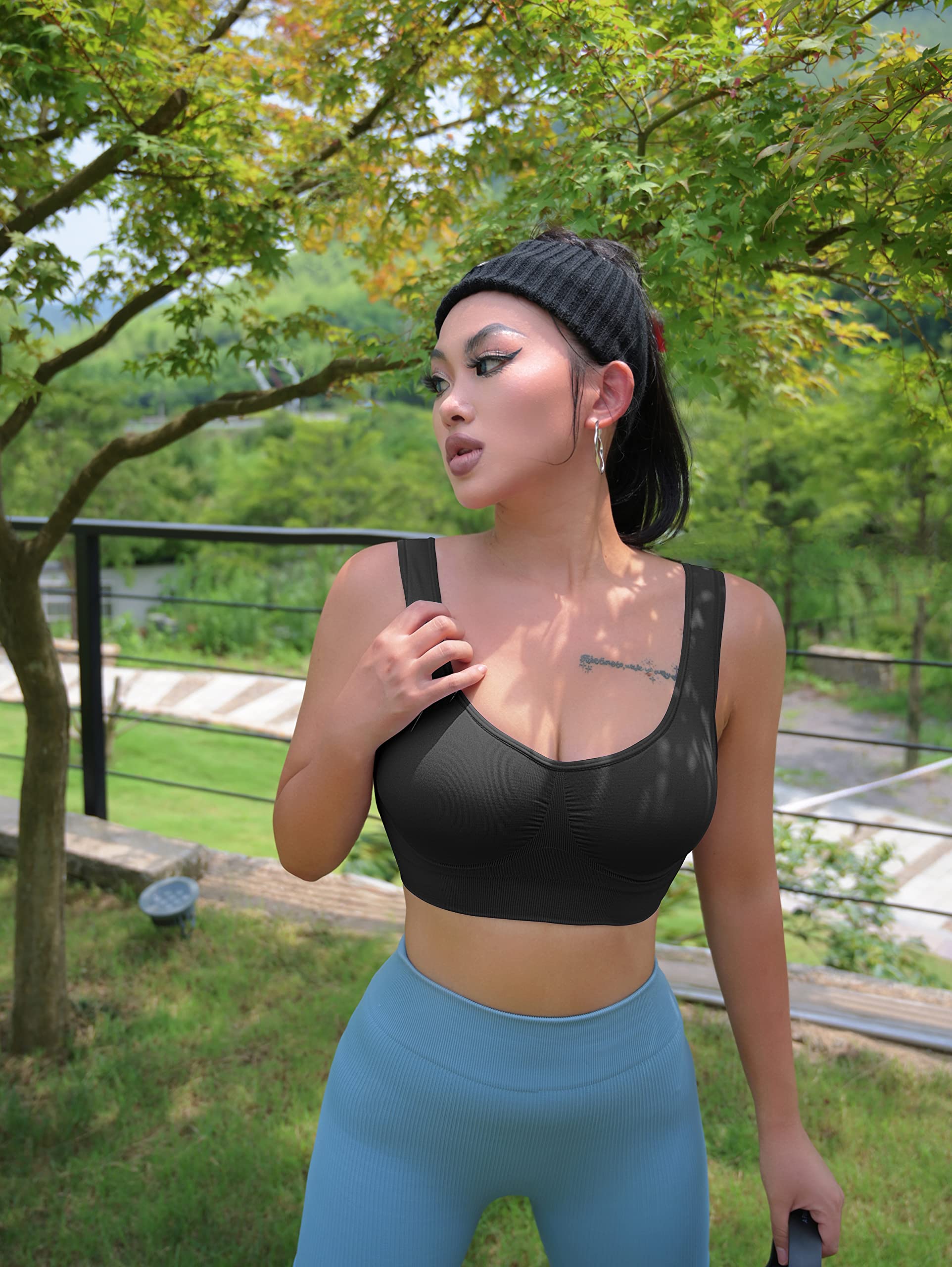 OQQ Women's 3 Pack Seamless Comfortable Workout Sports Bra with Removable Pads Black Grey Beige