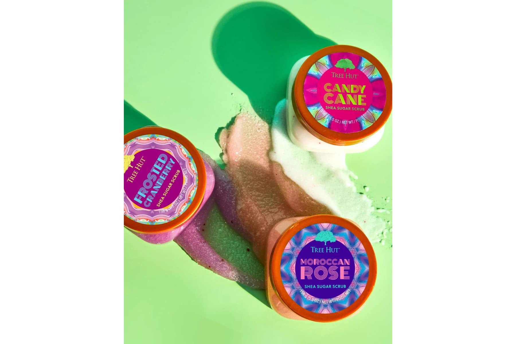 Tree Hut Happy Holidaze Shea Sugar Body Scrubs, Trio Gift Set, 3x 5.5 ounces, Candy Cane, Frosted Cranberry, Moroccan Rose 16.5 Ounce