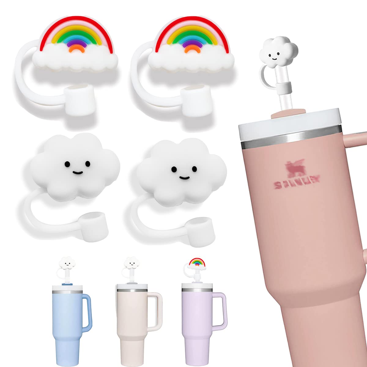 Straw Covers Cap for Stanley Cup, 4pcs 10MM Cloud&Rainbow Straw Cover, Silicone Straw Covers Cap Straw Topper for Stanley 30&40 Oz Tumbler with Handle,Straw Tip Covers Stanley Cup Accessories