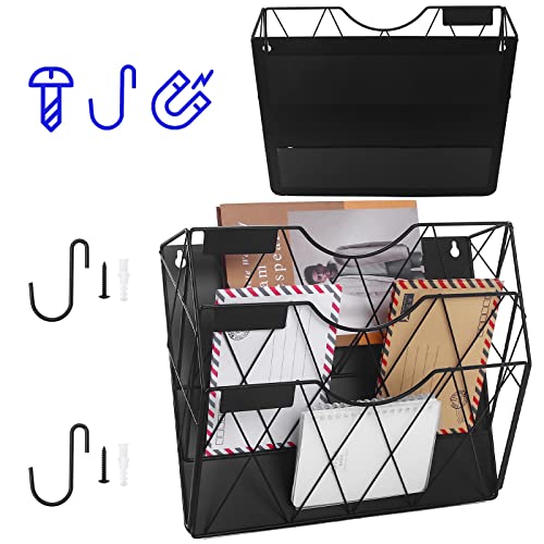 Magnetic File Holder, File Organizer for File Cabinets, Mail Organizer Vertical Magazine Holder for Refrigerator, No-Drill Mount Hanging Magnetic Folder Holder for Office Home(3-Tier, Black)