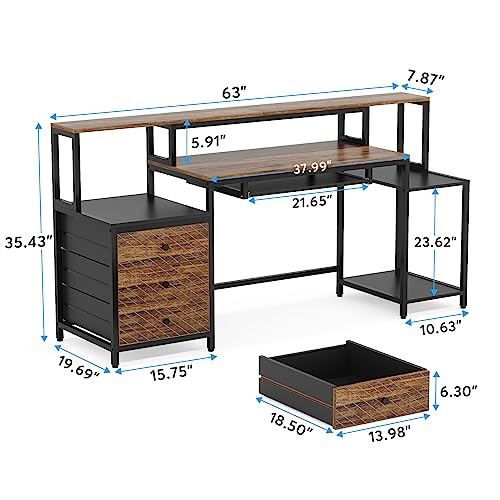 LITTLE TREE 63 inch Computer Desk with 3 Storage Drawers, Reversible Home Office Desk with Monitor Stand, Long PC Desk Workstation with Keyboard Tray, Study Writing Table, Rustic Brown