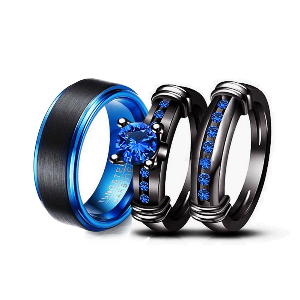 LOVERSRING Couple Ring Bridal Set His Hers Women Black Gold Filled Blue Agate Men Stainless Steel Wedding Ring Band