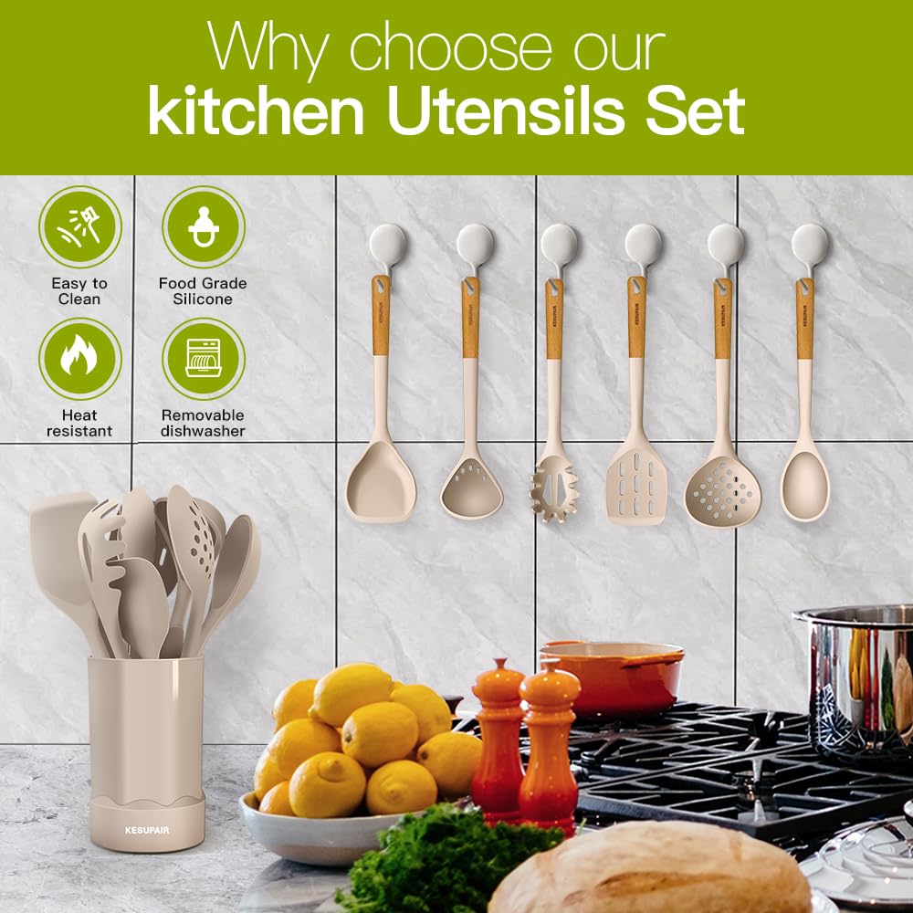 Kesupair Silicone Kitchen Utensils Set - Heat Resistant Silicone Cooking Utensils for Cooking Wooden Handles, Spatula Set, Kitchen Utensil Tools and Gadgets Sets for Non-Stick Cookware (Dark Grey)