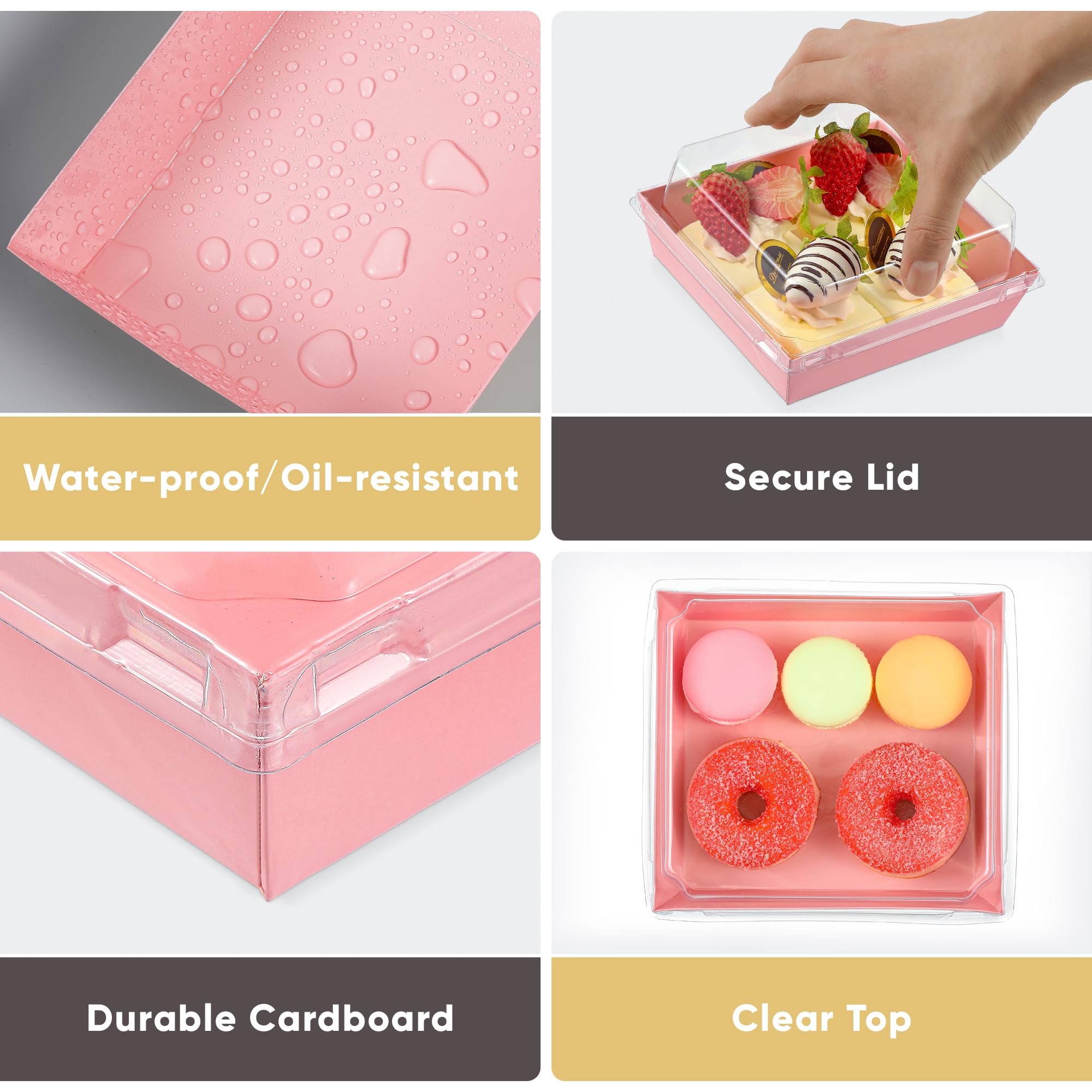 Leafiew 50 Pack Bakery Boxes - Small Dessert Boxes To Go - 5 Inch Paper Mini Cake Boxes, Clear Treat Boxes, Disposable Cookie Cake Slice Containers for Charcuterie, Strawberries, Baked Goods (Pink)