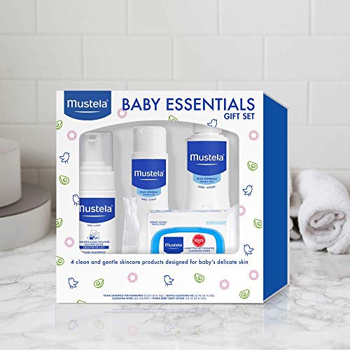 Mustela Baby Essentials Gift Set - Baby Skincare & Bath Time Essentials - Natural & Plant Based - 4 Items Set