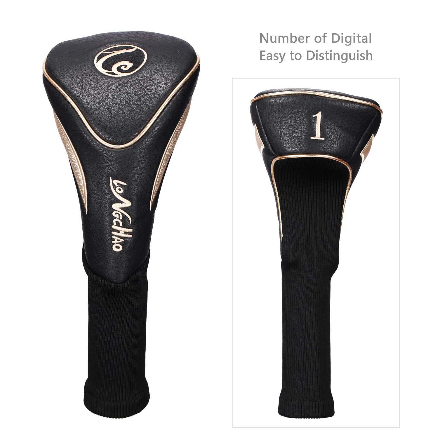 LONGCHAO Golf Head Covers 3pcs Set, Driver Fairway Wood Headcovers, Vintage PU Headcovers for Golf Club (golden-black)