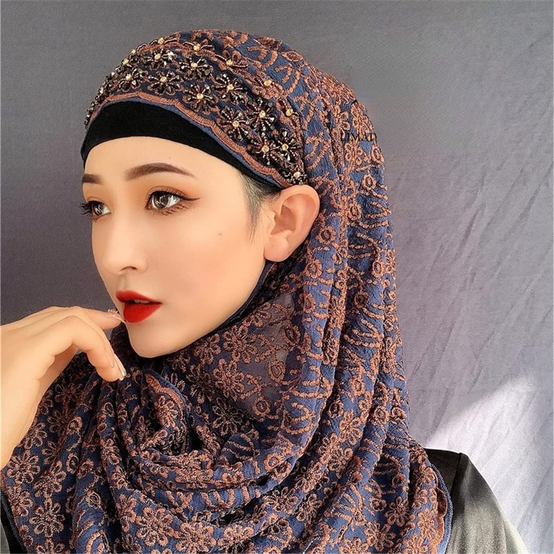 Muslim Luxury Silk Hijabs Embroidery Head Scarf Concealed Buckle Headscarf Diamond Head Wrap Arab Pink