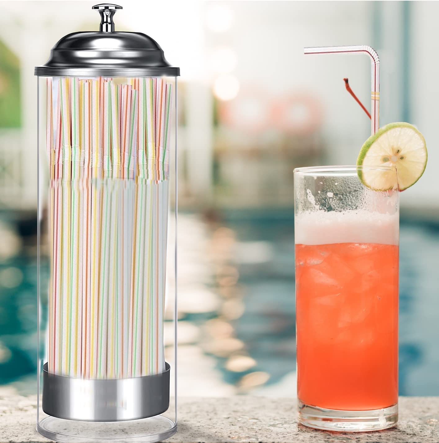 Straw Dispenser for Pencils with Stainless Steel Lid, Clear Acrylic Straw Holder, 100 Striped Plastic Straws