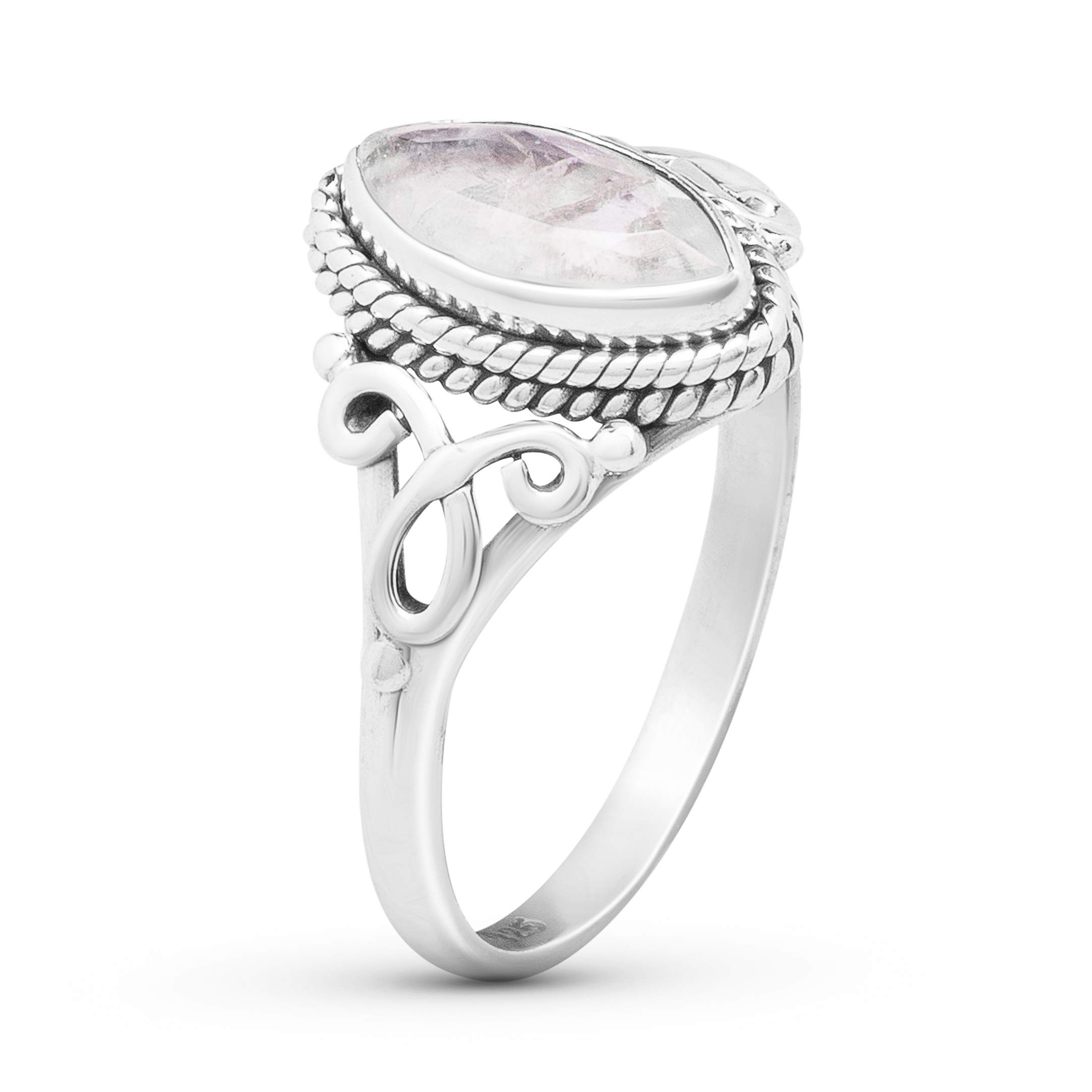 Koral Jewelry Cut Marquise Moonstone Ethnic Delicate Ring 925 Sterling Silver Vintage Tribal Gipsy Boho Look (7)