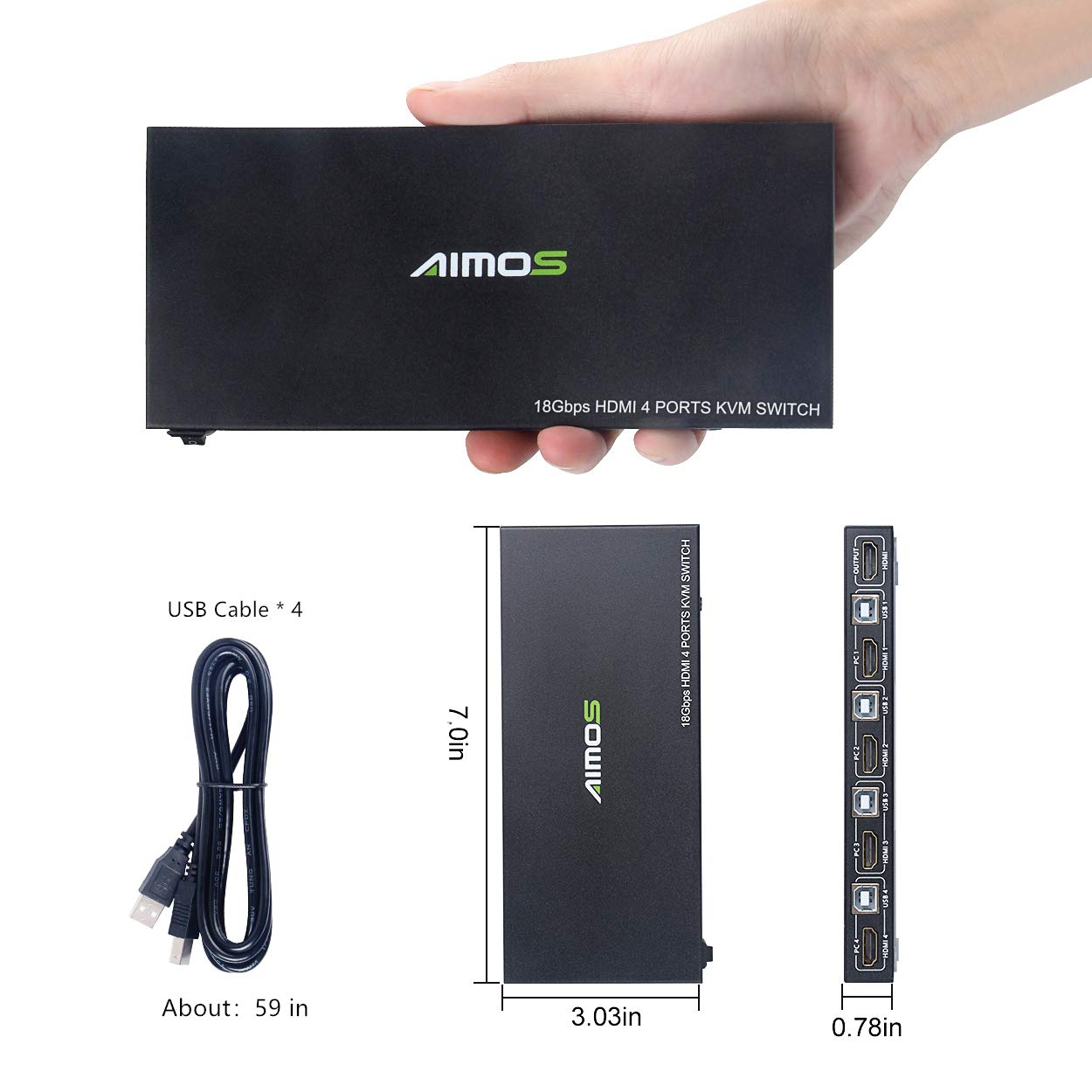 KVM Switch HDMI 4 Port Box, AIMOS HDMI 2.0 KVM Switcher Support Wireless Keyboard and Mouse Connections and with USB Hub Port, UHD 4K@60Hz & 3D & 1080P Supported