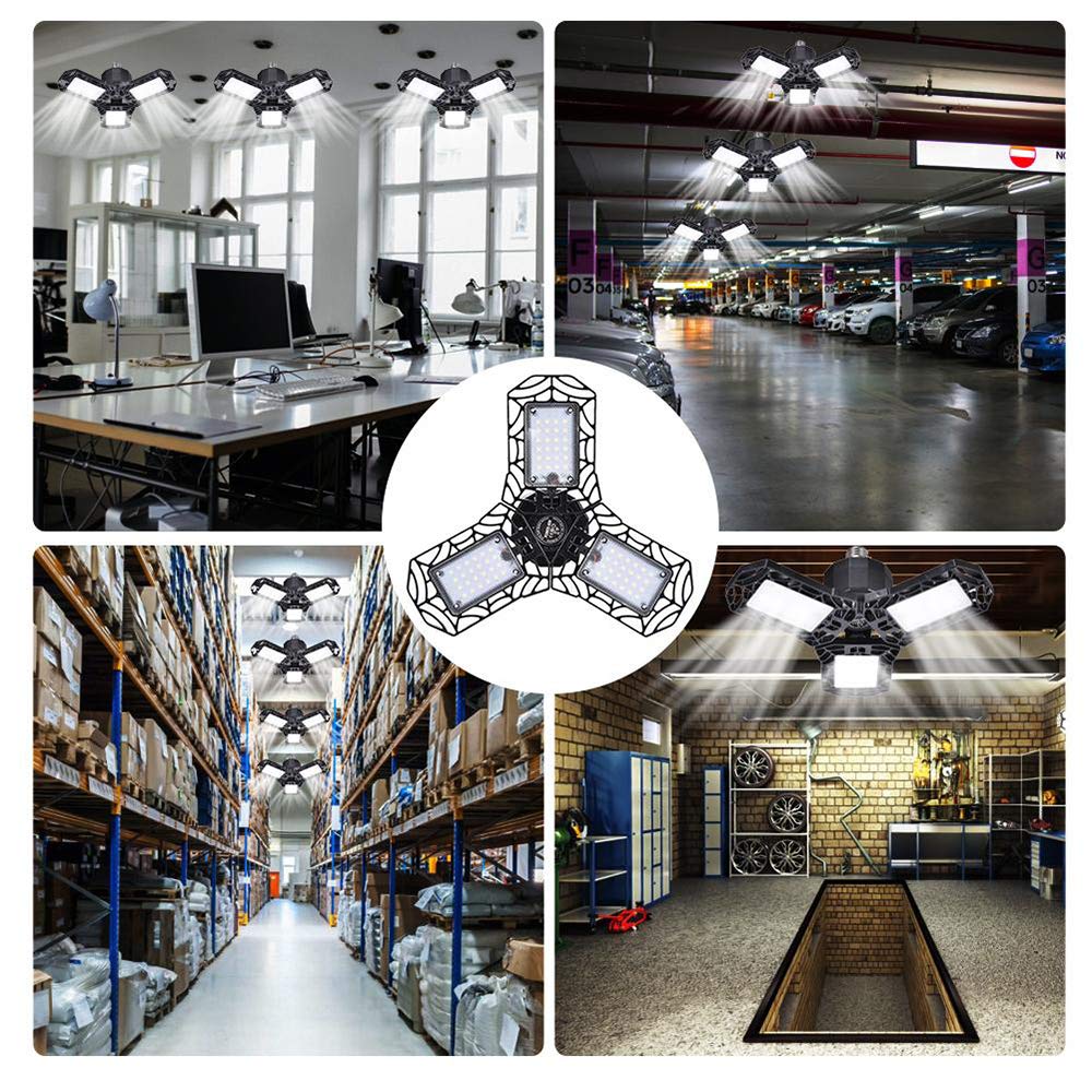 LED Garage Lights, 30W Deformable Garage Ceiling Light,3000Lumens CRI 80 6000k Led Light Bulb with 3 Adjustable Panels Basement Light