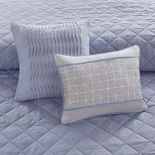 Madison Park Erica Comforter Quilt Combo Set - Modern Luxury Design, All Season Down Alternative Bedding, Matching Shams, Decorative Pillows, Full/Queen(90"x90"), Floral Blue 8 Piece