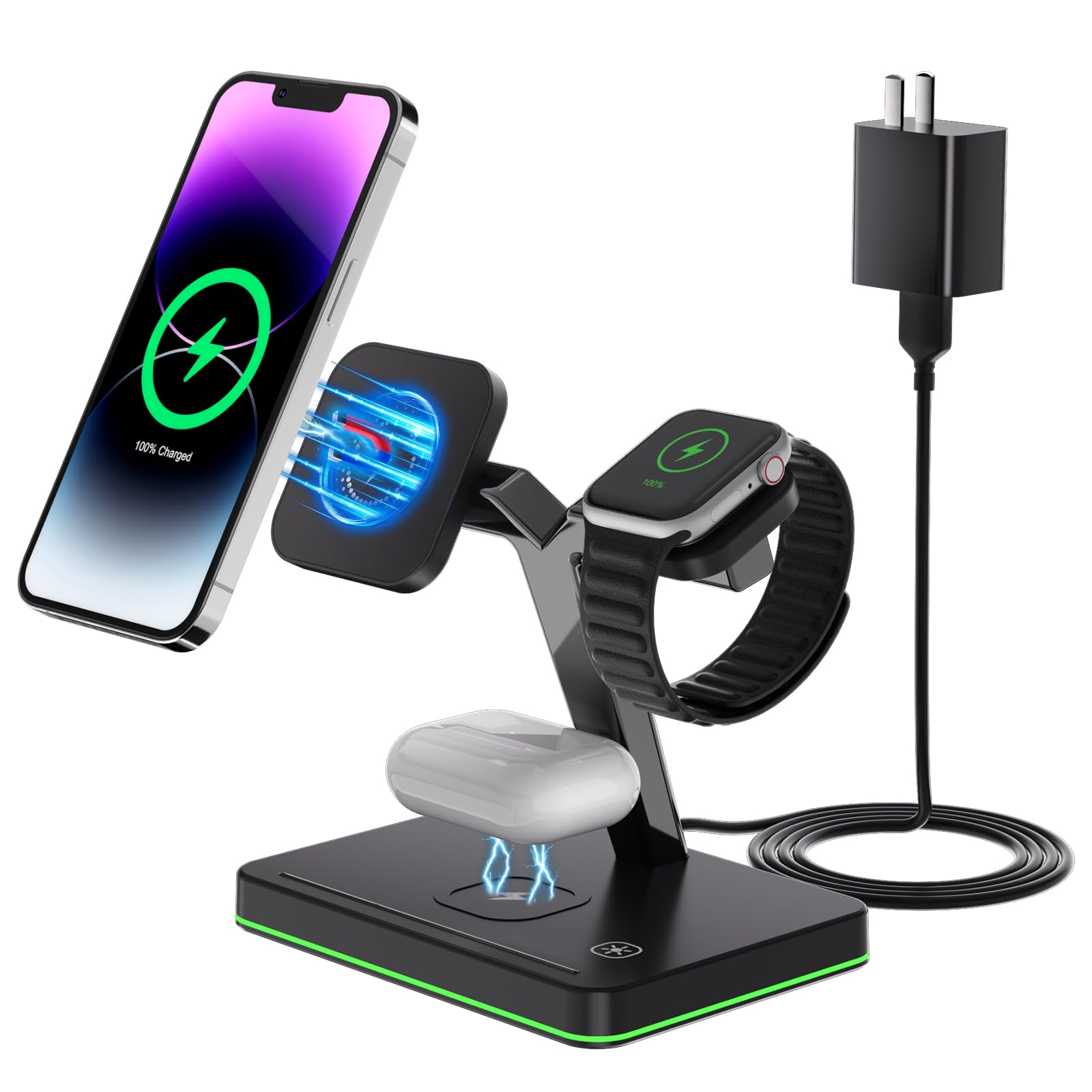 Magnetic Wireless Charger 3 in 1 Wireless Charging Station, Magnetic Charger for iPhone 15/14/13/12 Pro Max/Pro/Mini/Plus,15W Fast Wireless Charger for iWatch Ultra/9/SE/8/7/6/5/4/3/2/Airpods 3 2