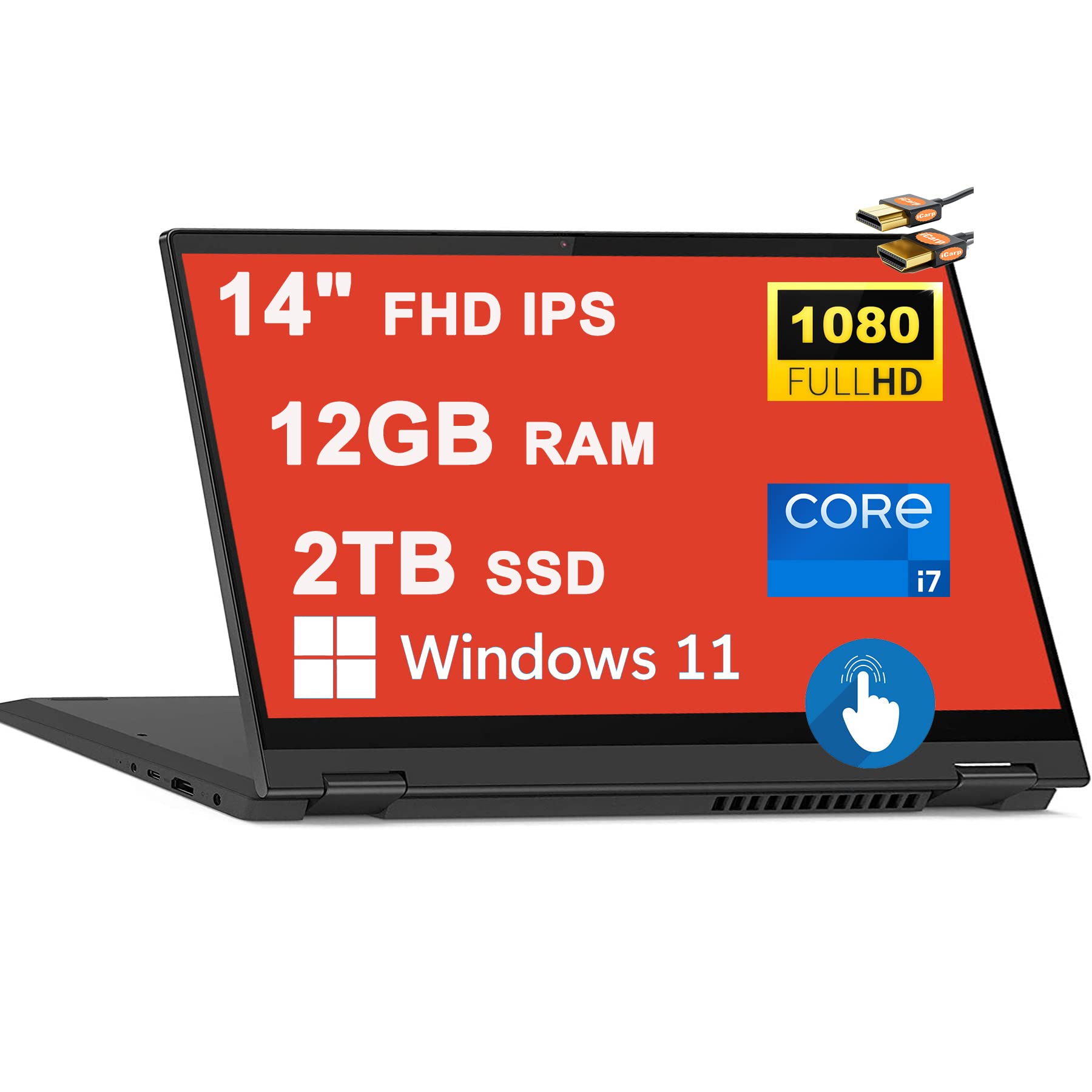Lenovo IdeaPad Flex 5 14 2-in-1 Laptop 14" FHD IPS Glossy Touchscreen 11th Gen Quad-core i7-1165G7 12GB RAM 2TB SSD Backlit Keyboard Fingerprint HDMI USB-C Dolby Win11 Graphite Grey + HDMI Cable