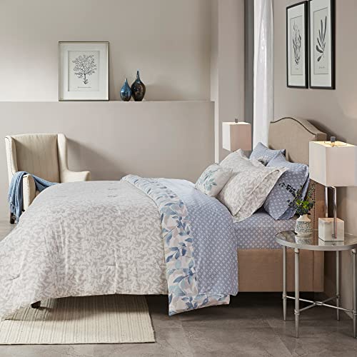 Madison Park Essentials Cozy Bed in a Bag Reversible Comforter with Complete Sheet Set - Modern Botanical Print All Season Cover, Shams, Decorative Pillow, King(104"x92"), Blue 8 Piece