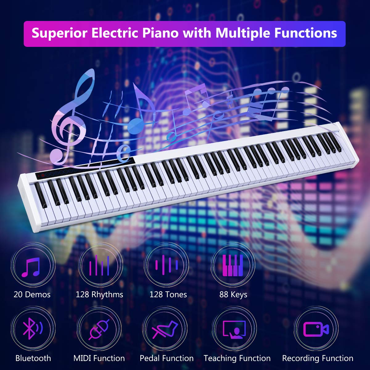 Moccha 88-key Electric Keyboard, Portable Digital Piano w/Dynamic Adjustment, Bluetooth Function, MIDI/USB Interface, External Speaker, Sustain Pedal, 128 Rhythm & 128 Tone, Power Supply (Black)