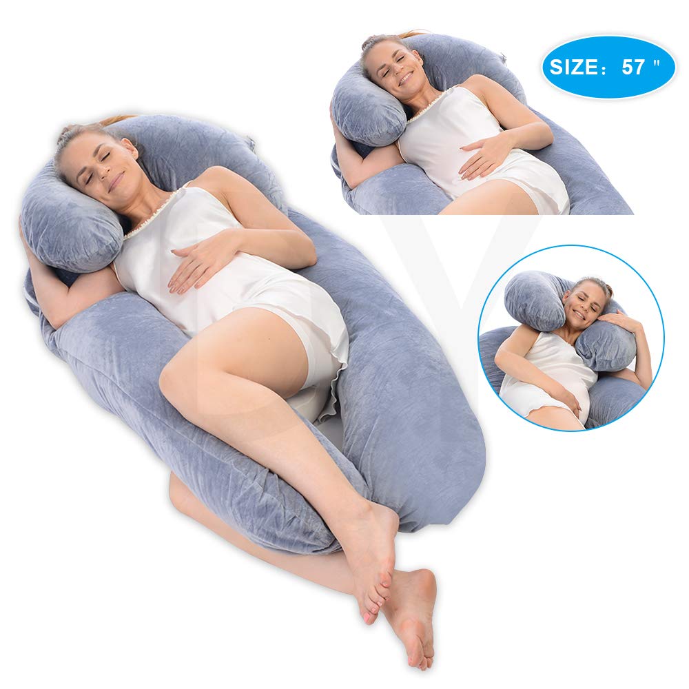 MANDZIXIN Pregnancy Pillow, Maternity Body Pillow with Velvet Separate Support Pillow and Removable Cover,Side Sleeping and Back Hips, Legs, Belly Support for Pregnant Women (Grey, U Shaped)