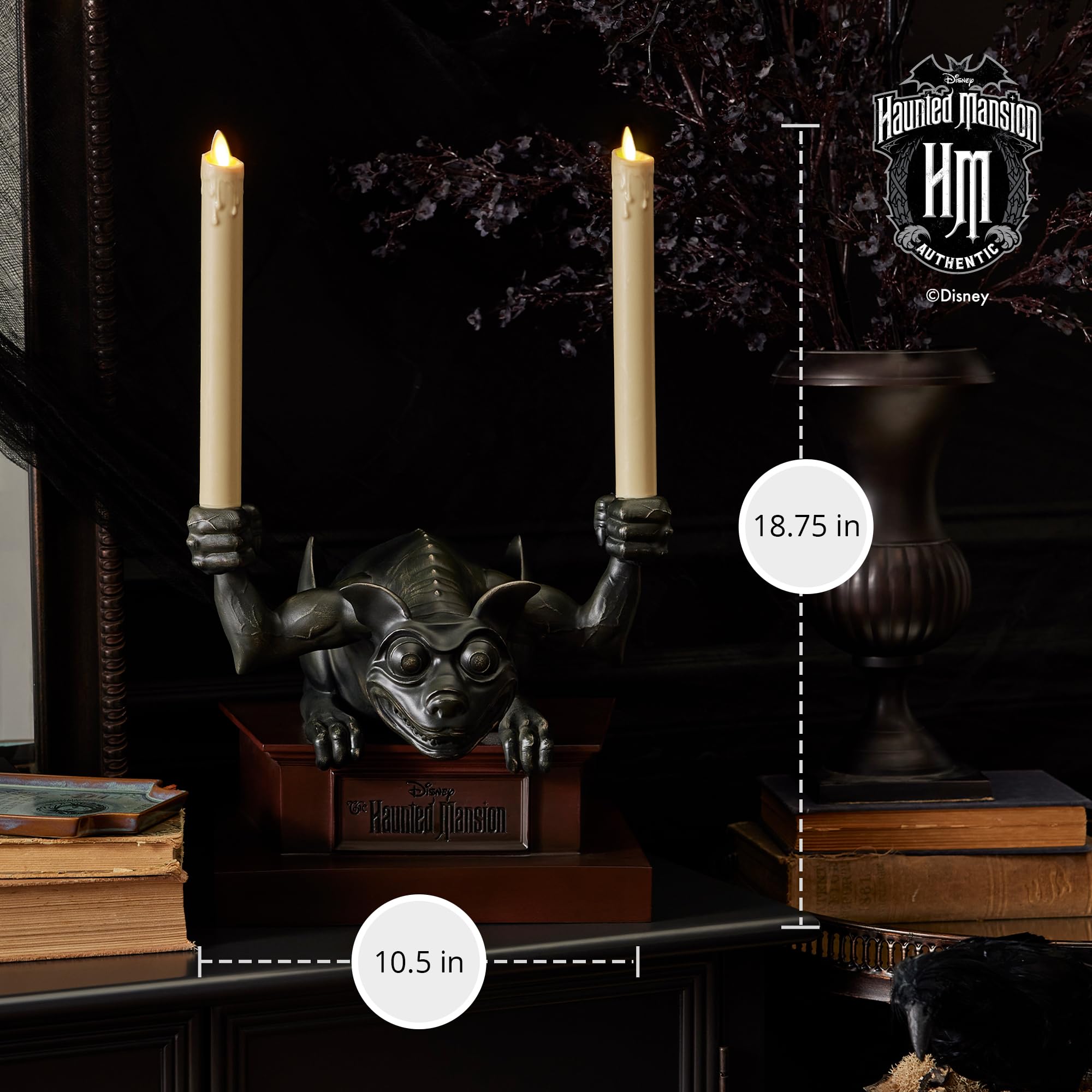Luminara Disney's The Haunted Mansion Gargoyle Taper Holder Candlestick Holder with Set of 2 Ivory Wax Drip LED Tapers