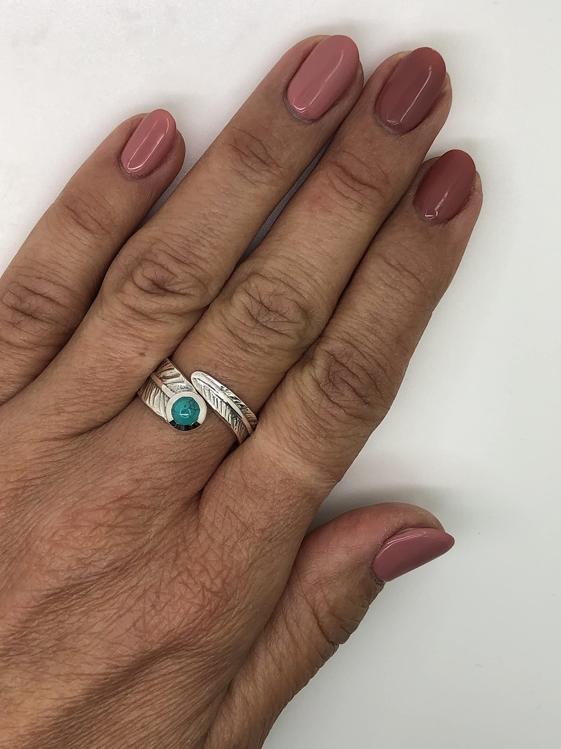 Koral Jewelry Synthetic Turquoise Adjustable Tribal Feather Ring 925 Sterling Silver US Size 6 7 8 9 (9)