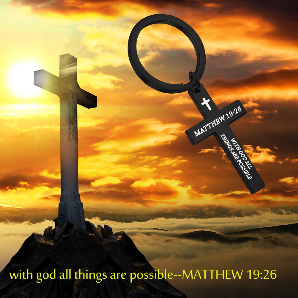 KUIYAI Matthew 19:26 with God All Things are Possible Cross Religious Keychain Christian Gift Bible Verse Inspirational Keyring (Black keychain)
