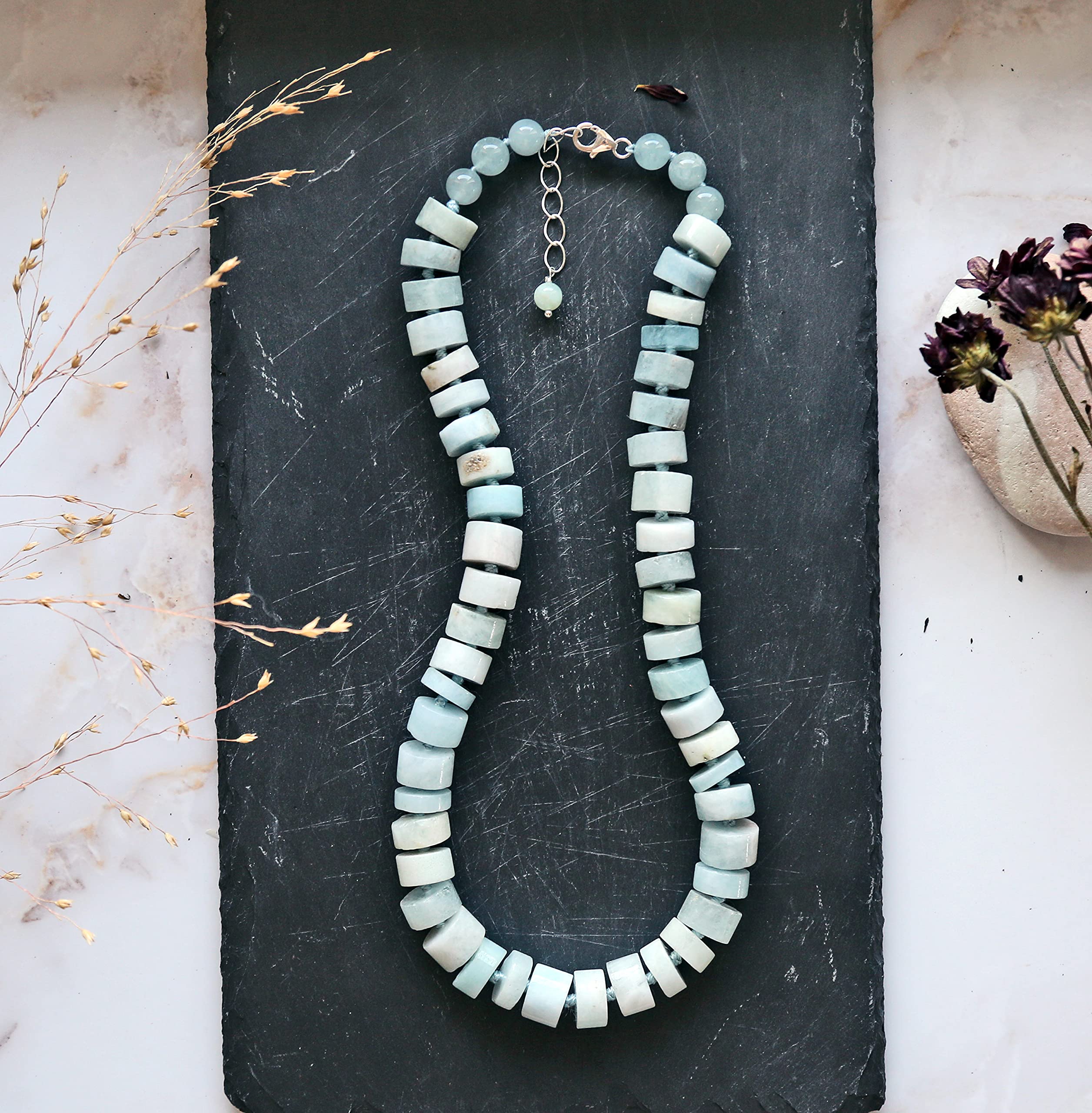 MGR MY GEMS ROCK! Beaded Button-Shape Aquamarine Statement Necklace. Non-Treated Aquamarine Stone Necklace. Collar Necklace, 18-19.50β Long.