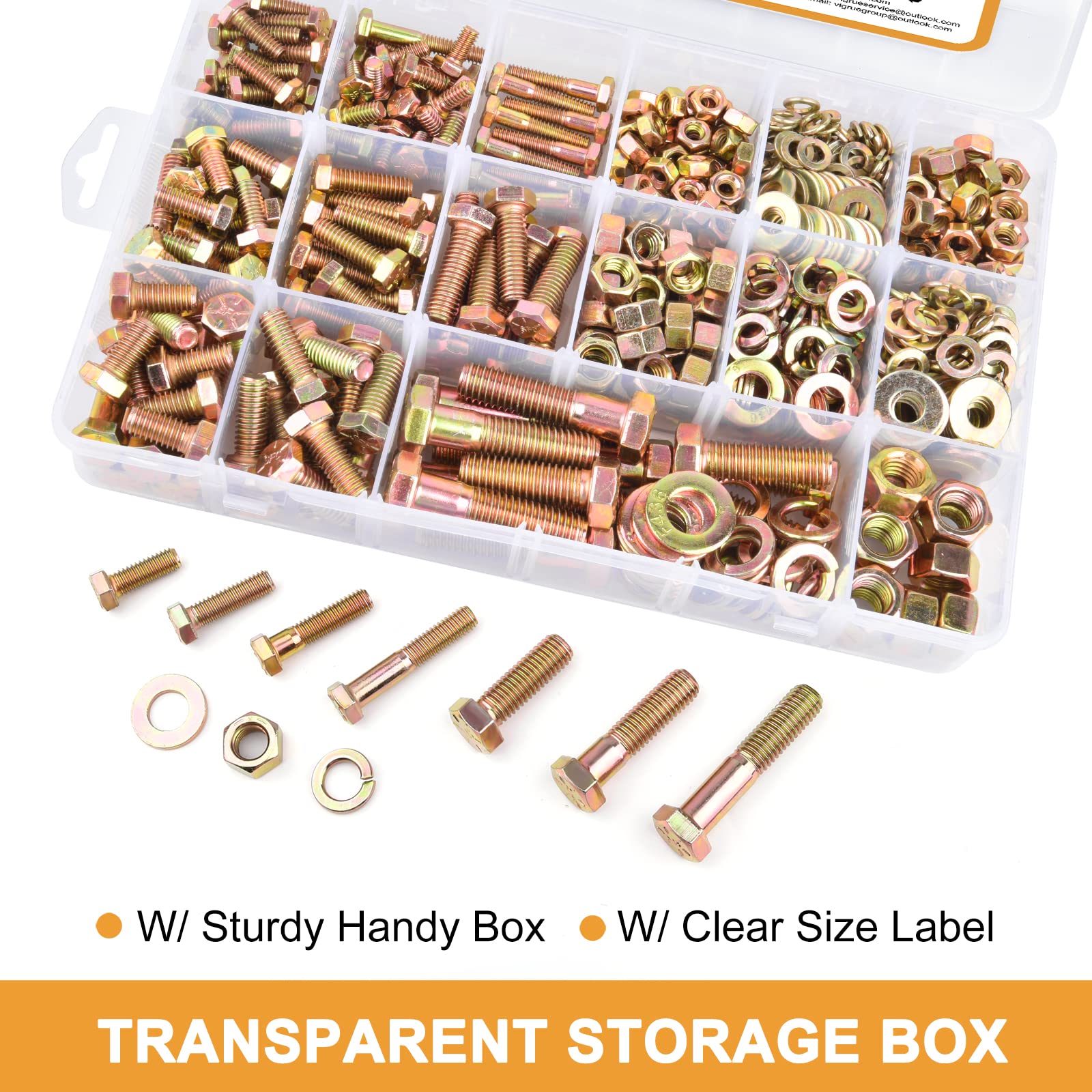 VIGRUE 555PCS 1/2-13 1/4-20 5/16-18 3/8-16 Heavy Duty Bolts Nuts Kit, Grade 8 UNC Bolts Hex Cap Screws Nuts Washers Assortment Kit, Fully and Half Threads, 18 Common Sizes