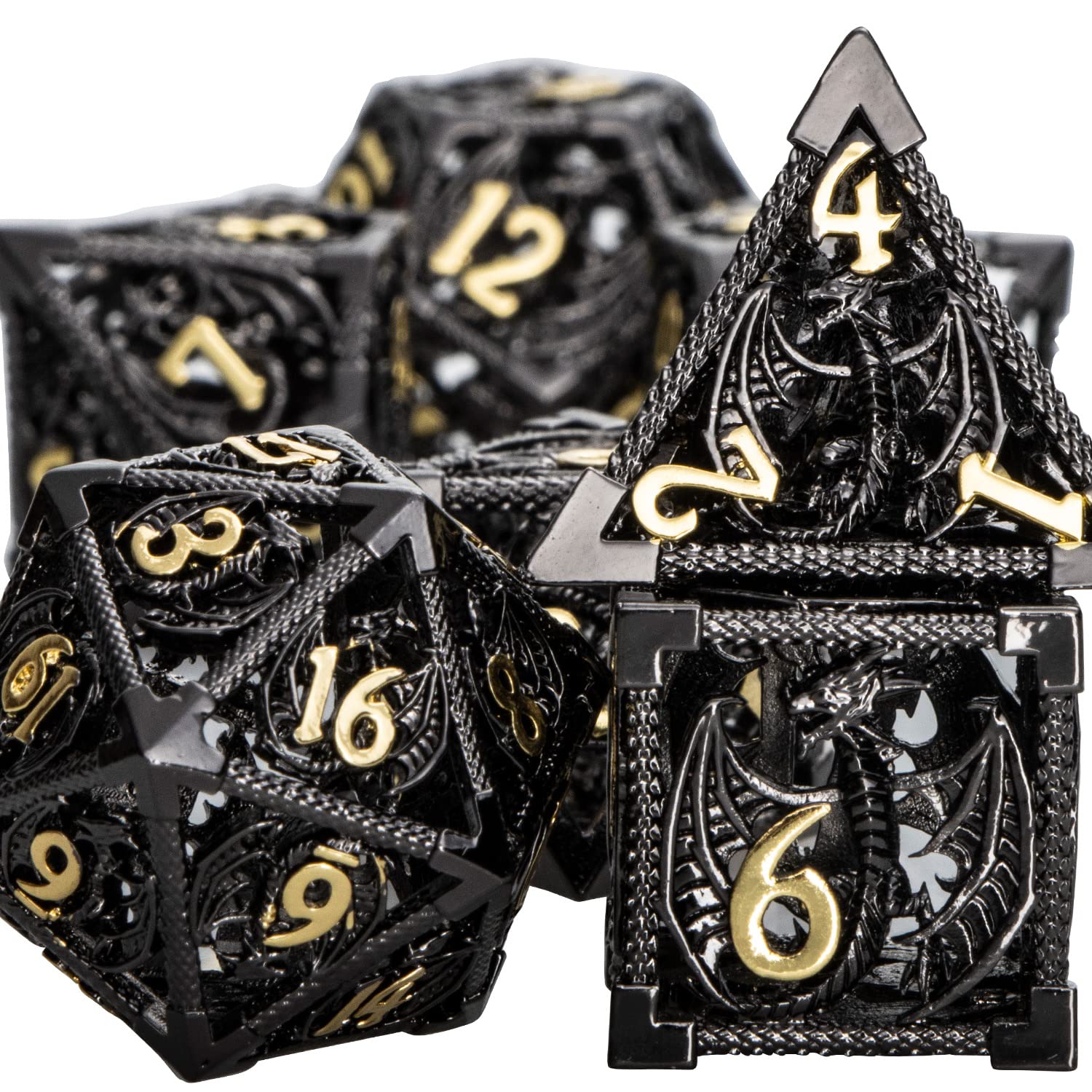 ORIFANTOU Hollow Metal Dice Set Gold Black DND Dice with Gift Box, 7PCS D and D Dice Role Playing Game Dungeons and Dragons RPG Polyhedral Dice Cool D&D Dice Set