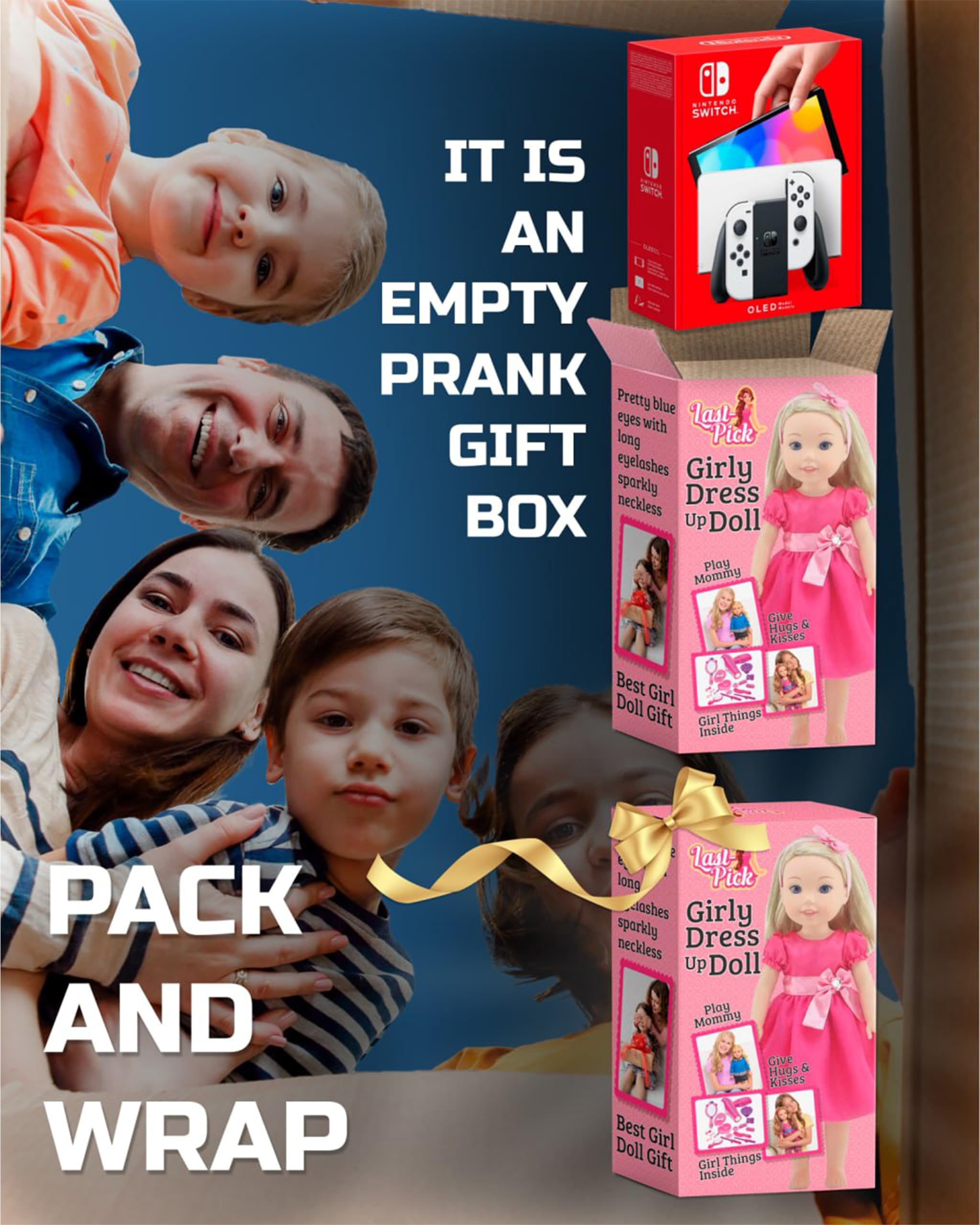 Skywin Prank Gift Box Sleeve - Fake Prank Box disguise Gift a Girly Dress-Up Doll for adults or kids - Novelty Gag Gift Box for Pranksters (Doll)