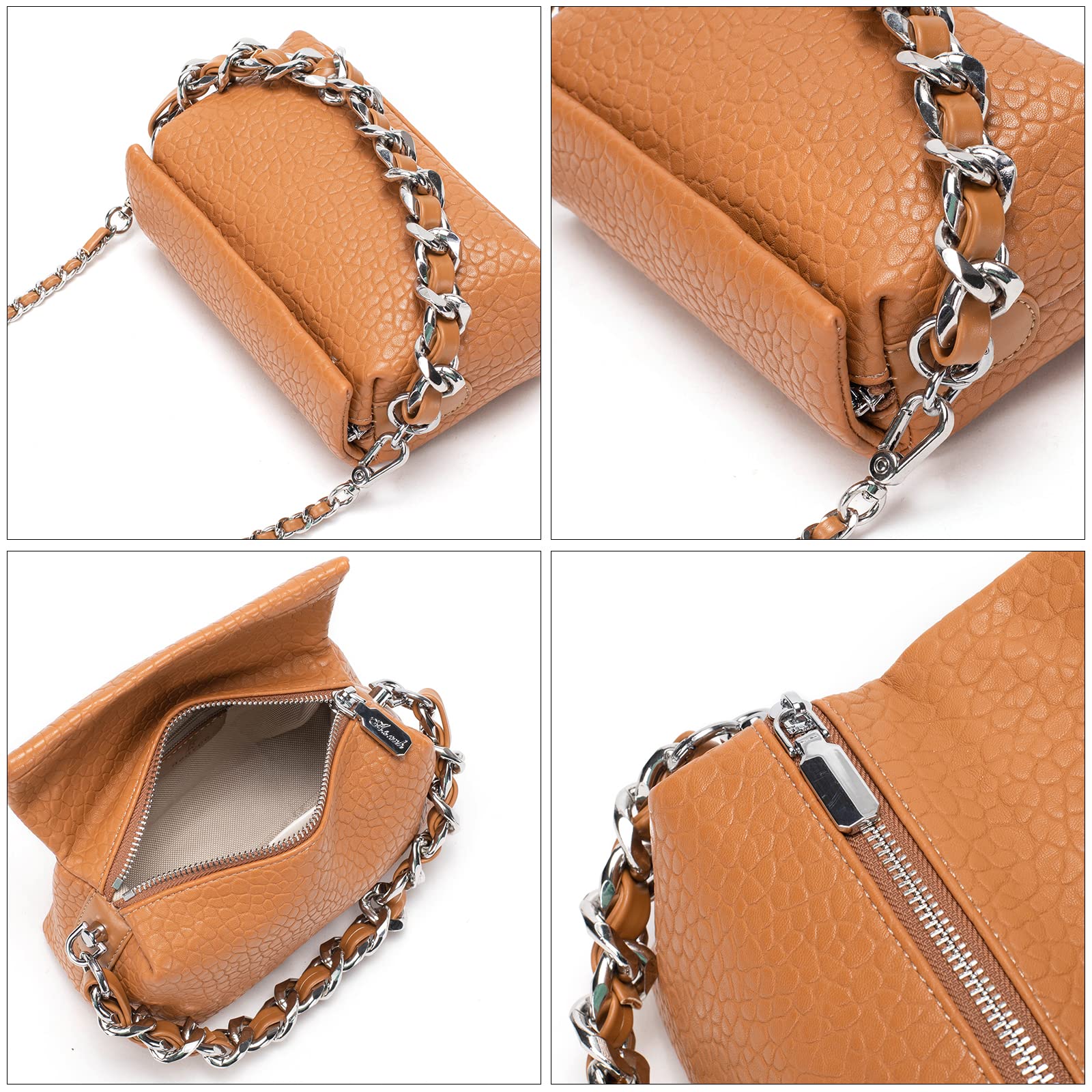 Small Crossbody Bag for Girls Women Elegant Style Handle Bags with Chain Strap Elephant Skin Pattern Leather Look (Brown)