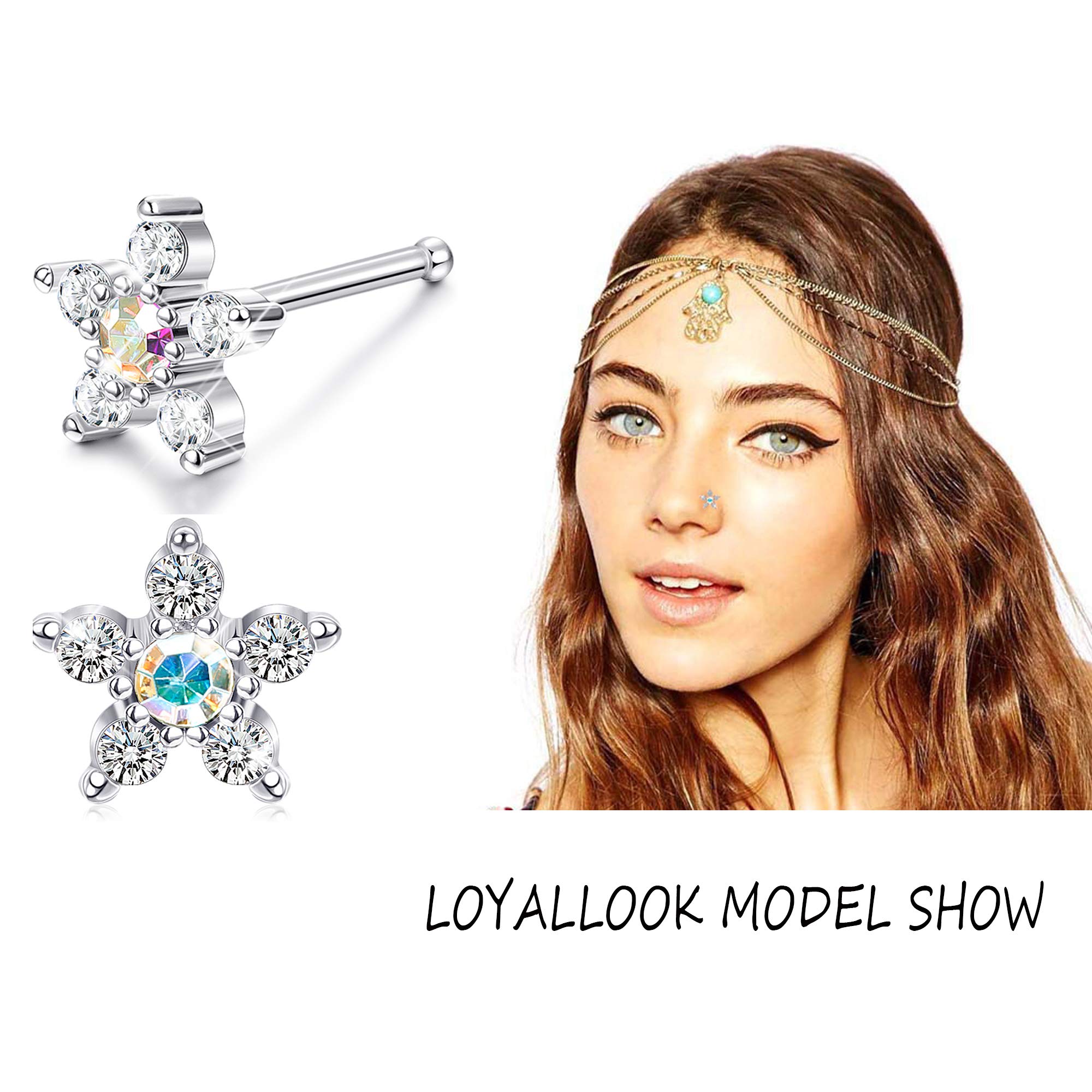 LOYALLOOK 6Pcs 20G Stainless Steel Silver/Rose Gold Flower Nose Rings Studs Piercing Body Jewelry Piercing CZ Inlaid