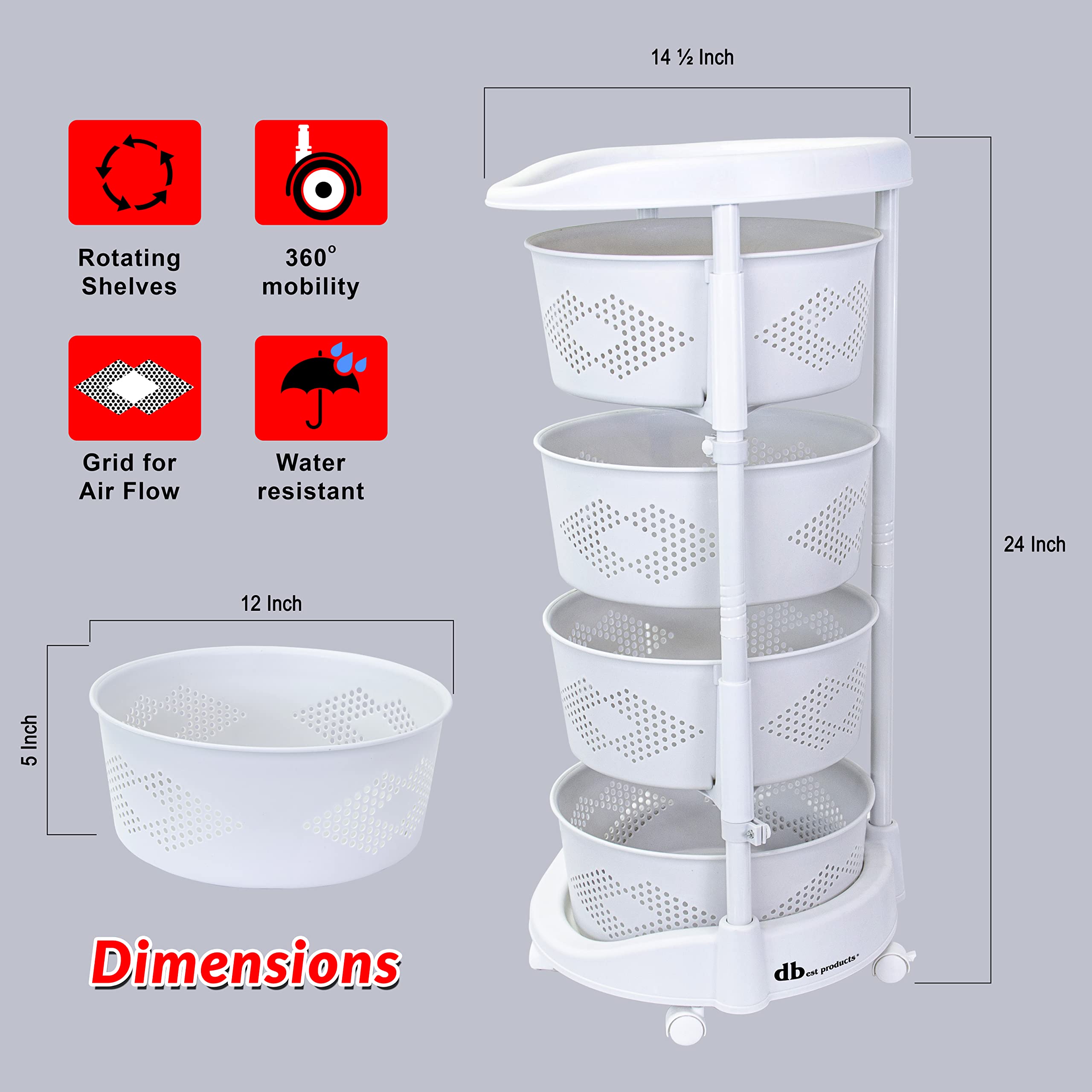 Octopus 360 4 Tier Rolling cart Kitchen Organization Plastic Rotating Fruit Basket Teacher Classroom Supplies Organizer Makeup Storage Hair Salon Trolley Swivel Lockable Wheels Bar