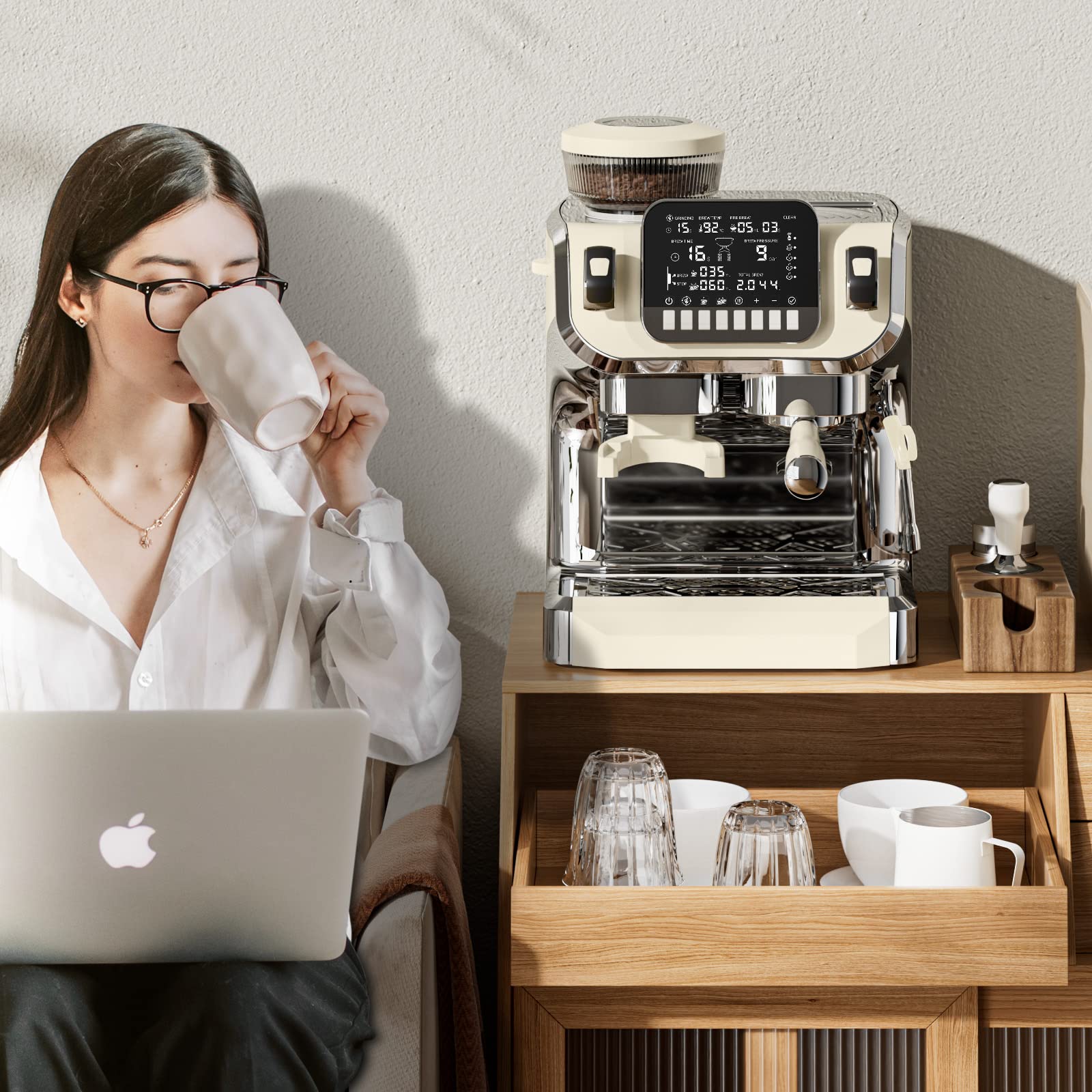 Mcilpoog TC520 Espresso Machine with Milk Frother,Semi Automatic Coffee Machine with Grinder,Easy To Use Espresso Coffee Maker with 6 inch Large Screen,15 Bar Pressure Pump,PID Temperature Control.