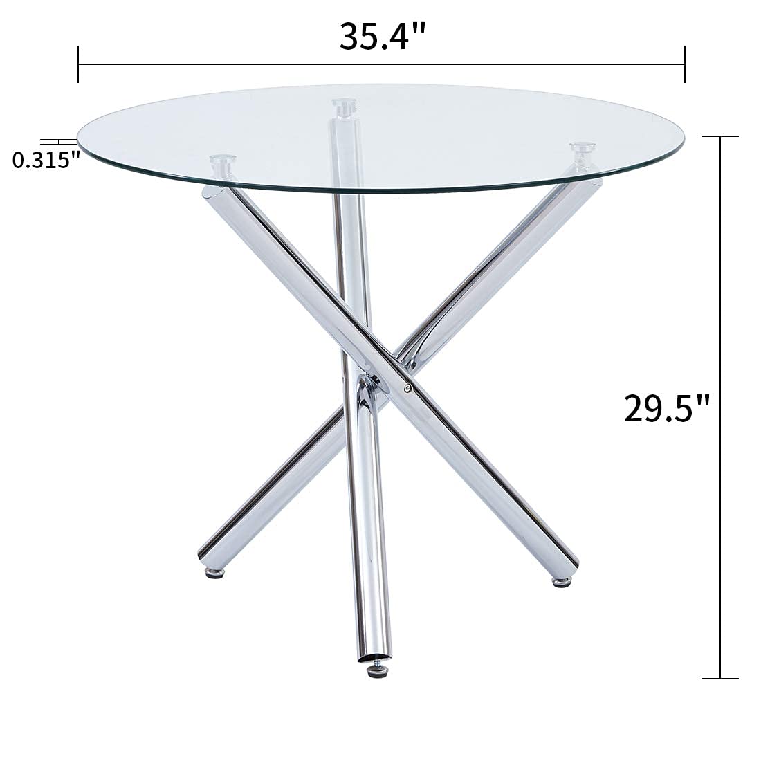 Modern Round Dining Table with Clear Tempered Glass Top, 3 Chrome Legs Kitchen Table for 2 or 4 Person,Round Dining Table Furniture for Home Office Kitchen Dining Room(W 35.4 x L 35.4 x H 29.5 inch)