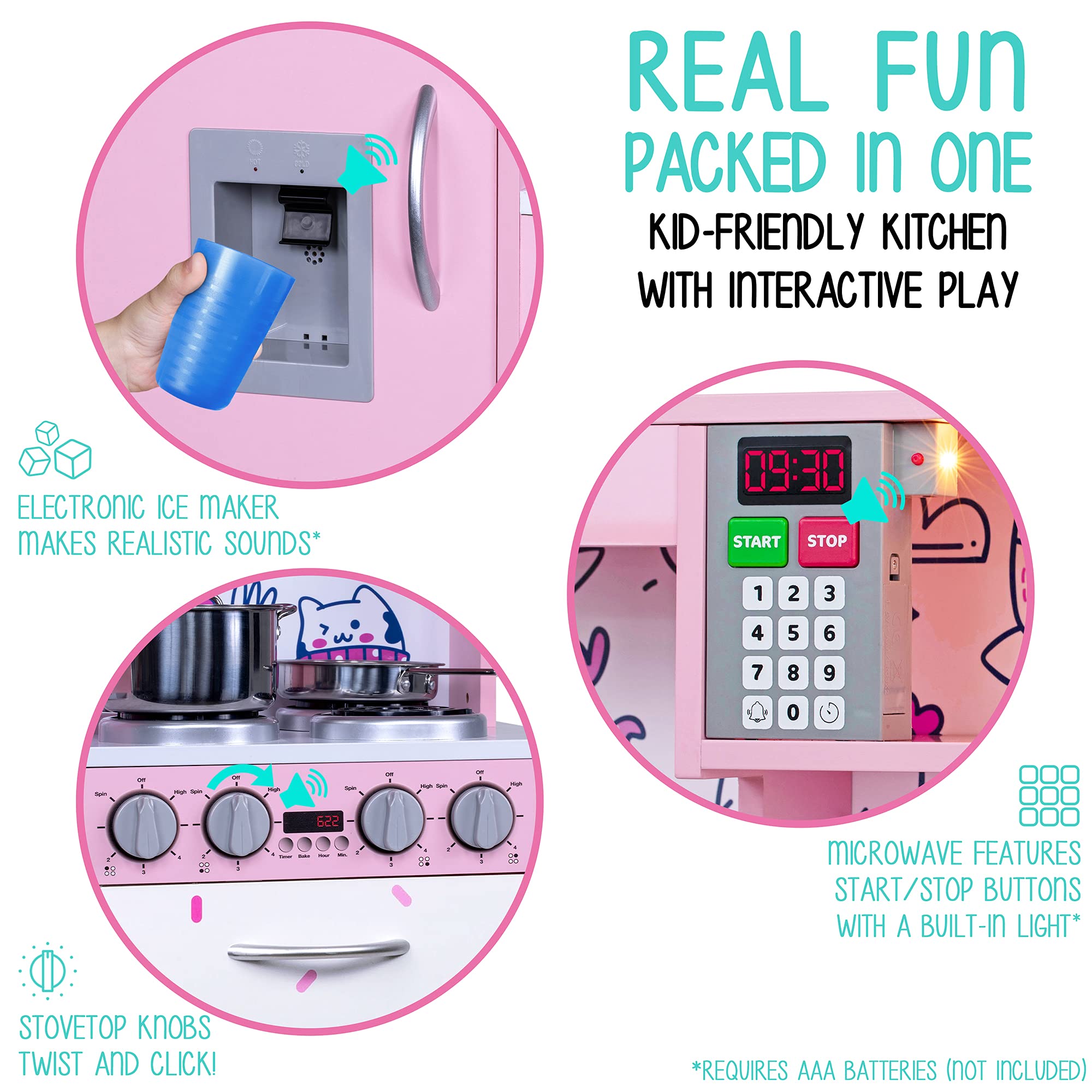 Lil' Jumbl Kids Kitchen Set, Pretend Wooden Play Kitchen, Battery Operated Icemaker & Microwave with Realistic Sound, Pots & Pan Included - Pink