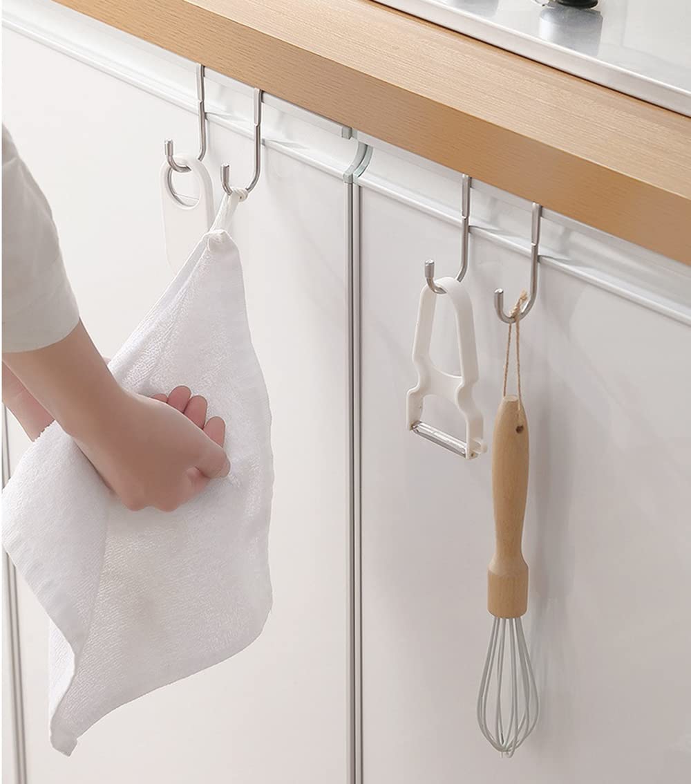 jixik 2pcs Over Door Hook, Double S-Shaped Hook Holder Hanger 7.3cm/2.9in Stainless Steel Free Punching Heavy Duty Door Back Hanging Hook for Towel Cloth Bag for Kitchen (Silver)