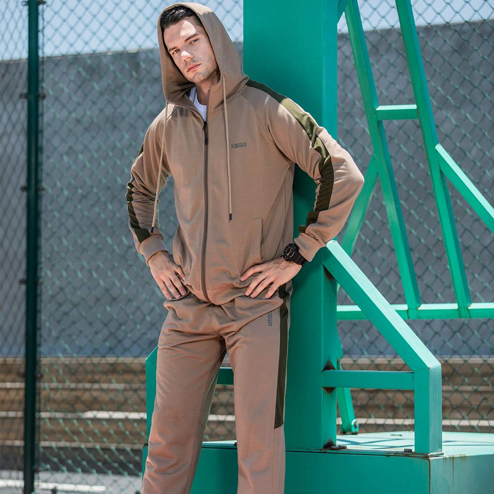 MANLUODANNI Men's Tracksuit Athletic Sports Casual Full Zip Sweatsuit with Hoodie, Khaki-XL